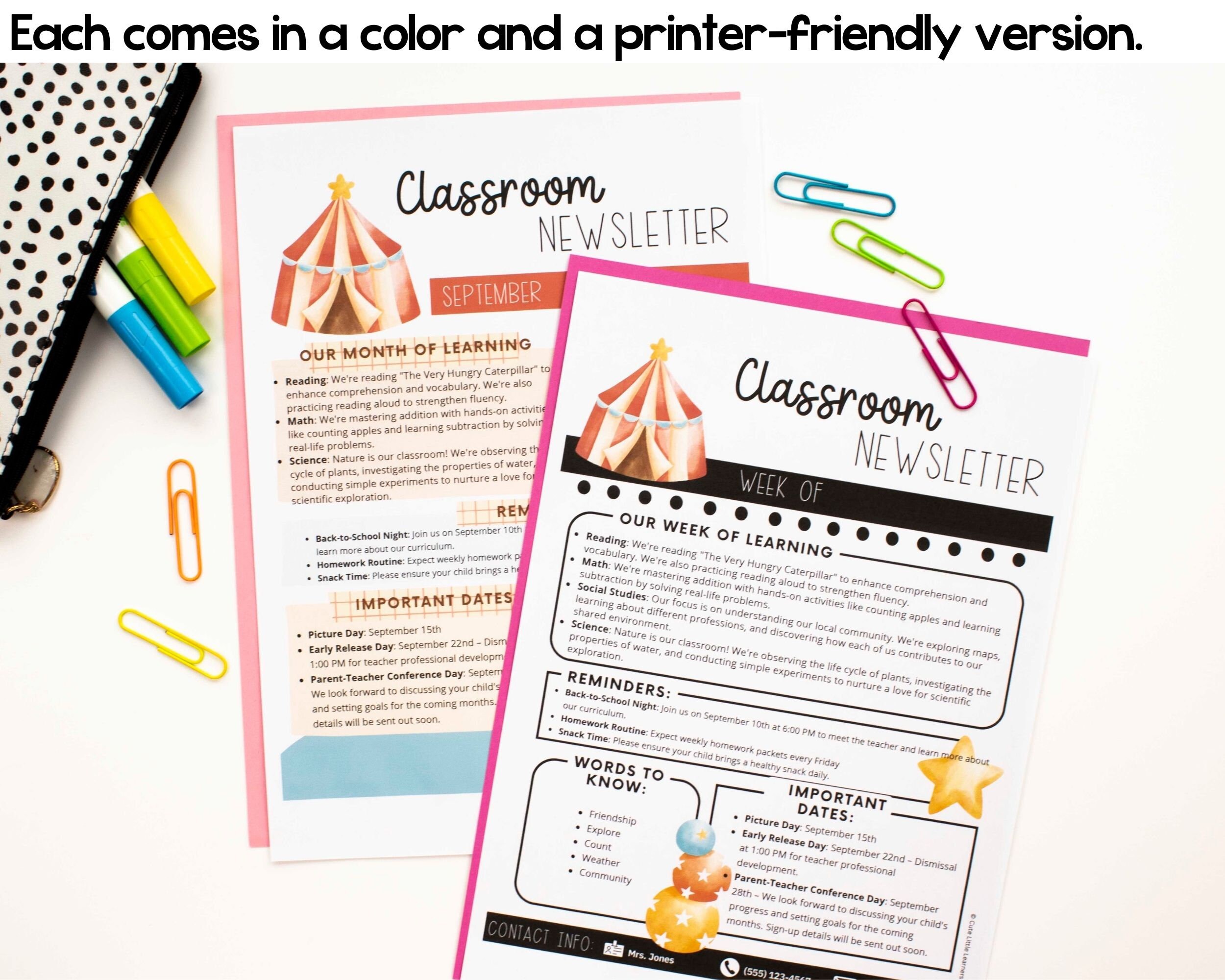 Editable Classroom Newsletter Templates Fun Circus Themed, Weekly ...