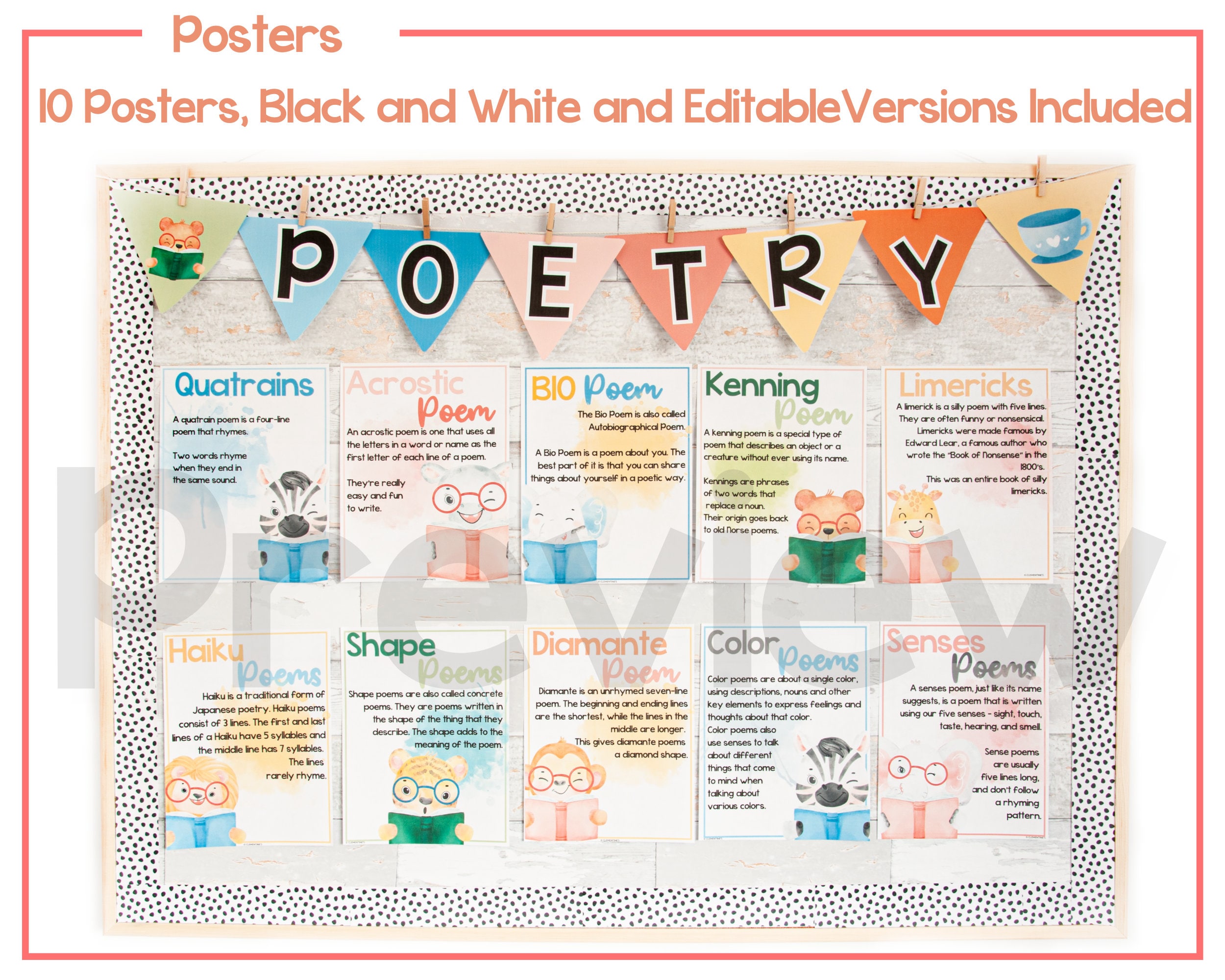 Poetry Bulletin Board & Interactive Classroom Decor Editable Versions ...