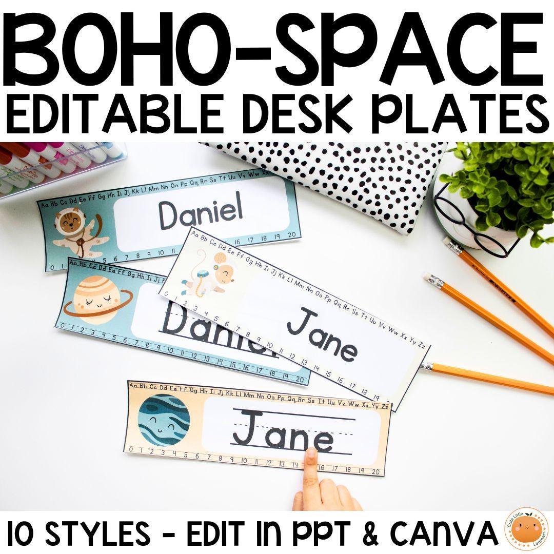 Editable Desk Name Tags With Letters and Numbers Boho Space Themed ...