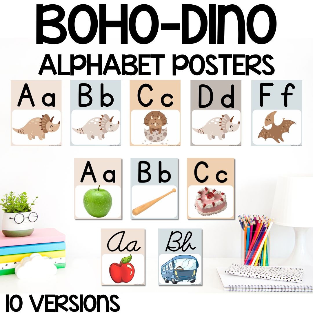 Alphabet Posters Boho Dinosaurs Themed Primary, Cursive& Decorative ...