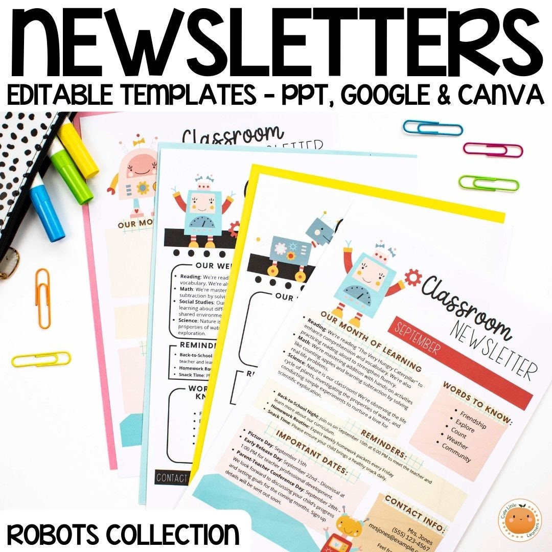 Editable Classroom Newsletter Templates Robots and AI Themed, Weekly ...