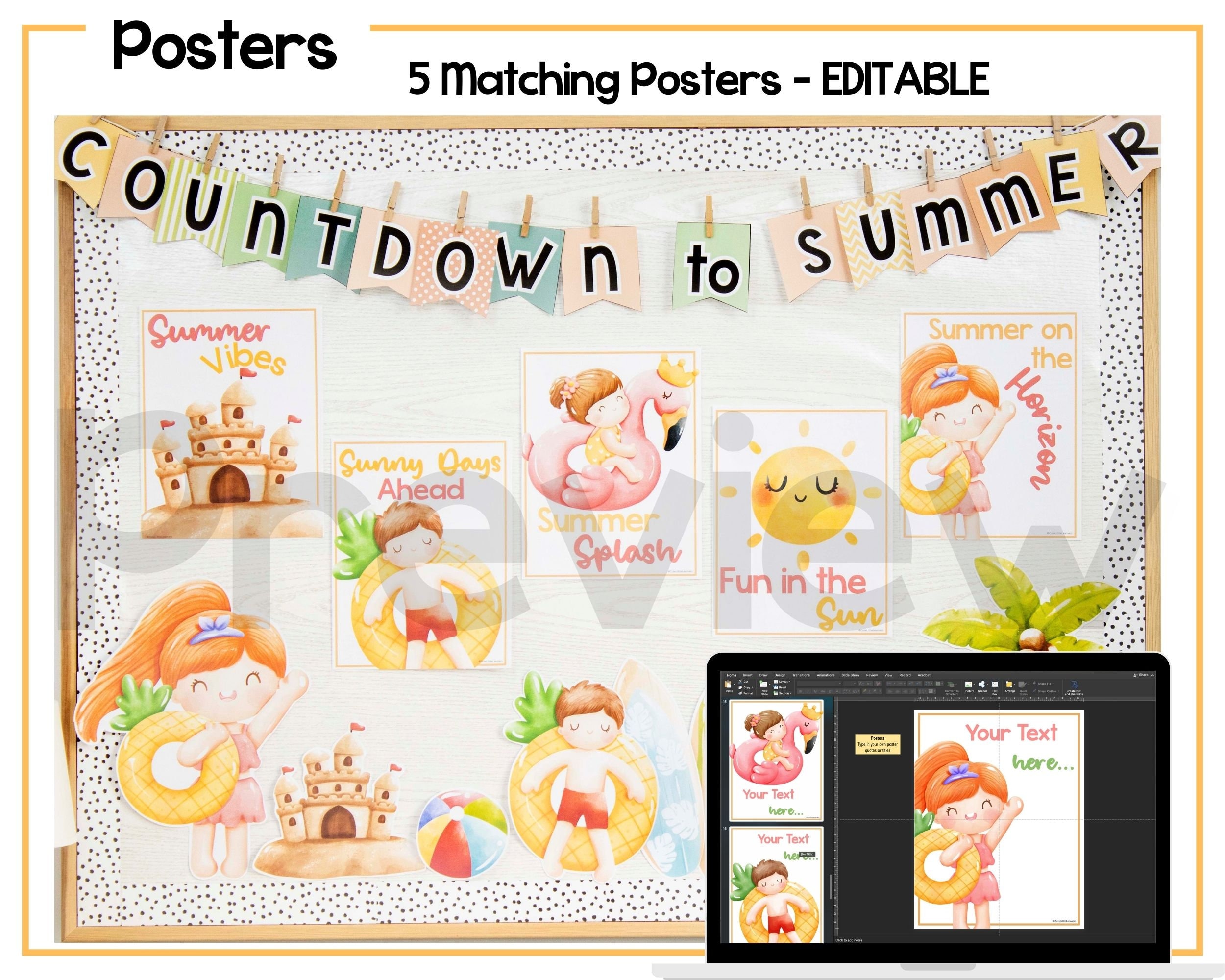 Countdown to Summer Classroom Decor Kit Summer Kids Watercolor Themed ...