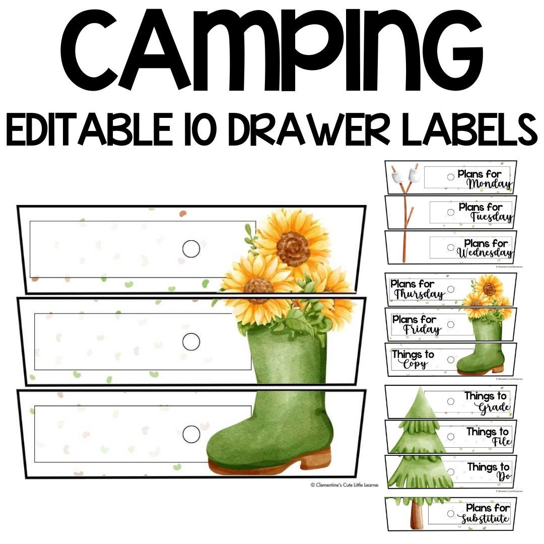 Editable 10 Drawer Rolling Cart Labels Set Camping Themed Editable ...