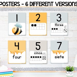 Bee Themed Number Posters for Classroom Decor, Spanish Version Included ...