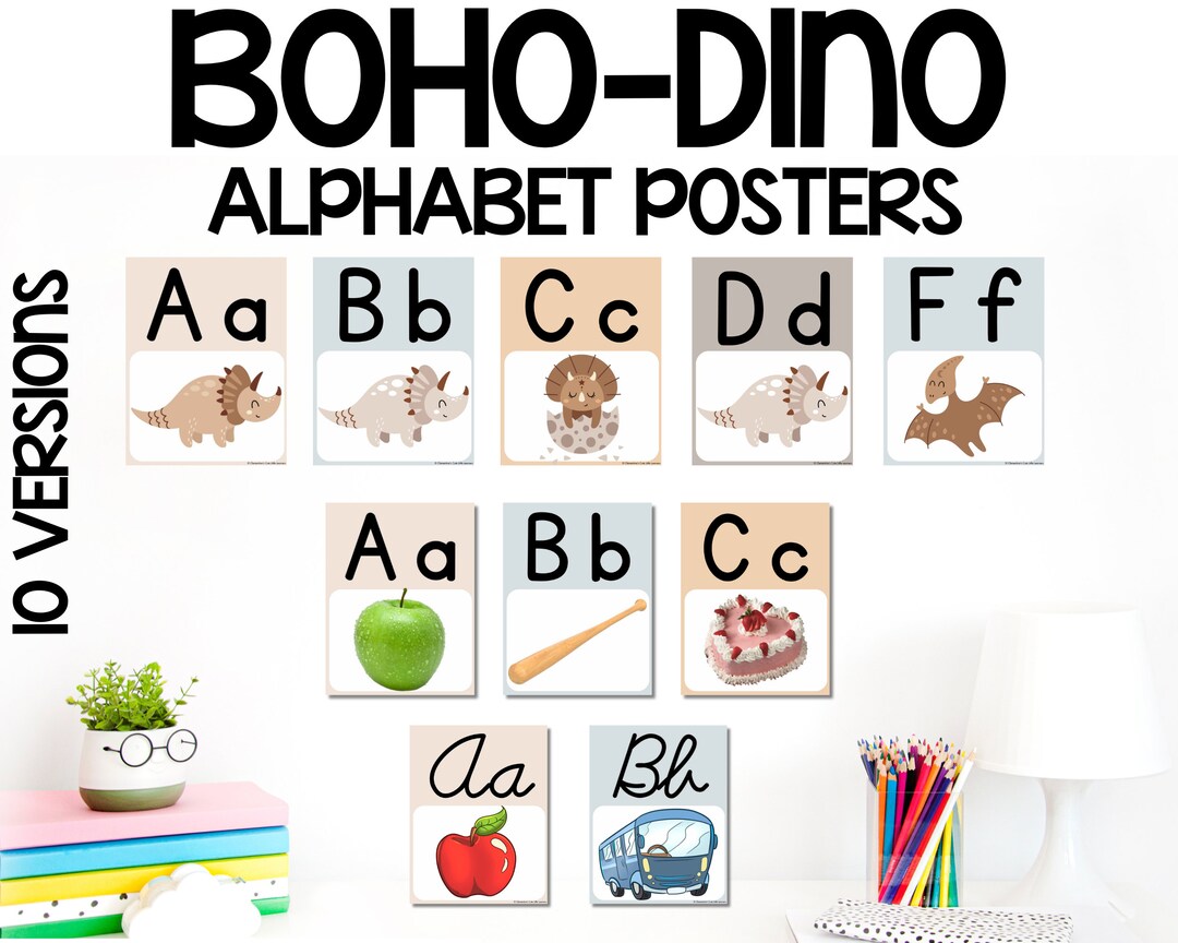 Alphabet Posters Boho Dinosaurs Themed Primary Cursive& - Etsy