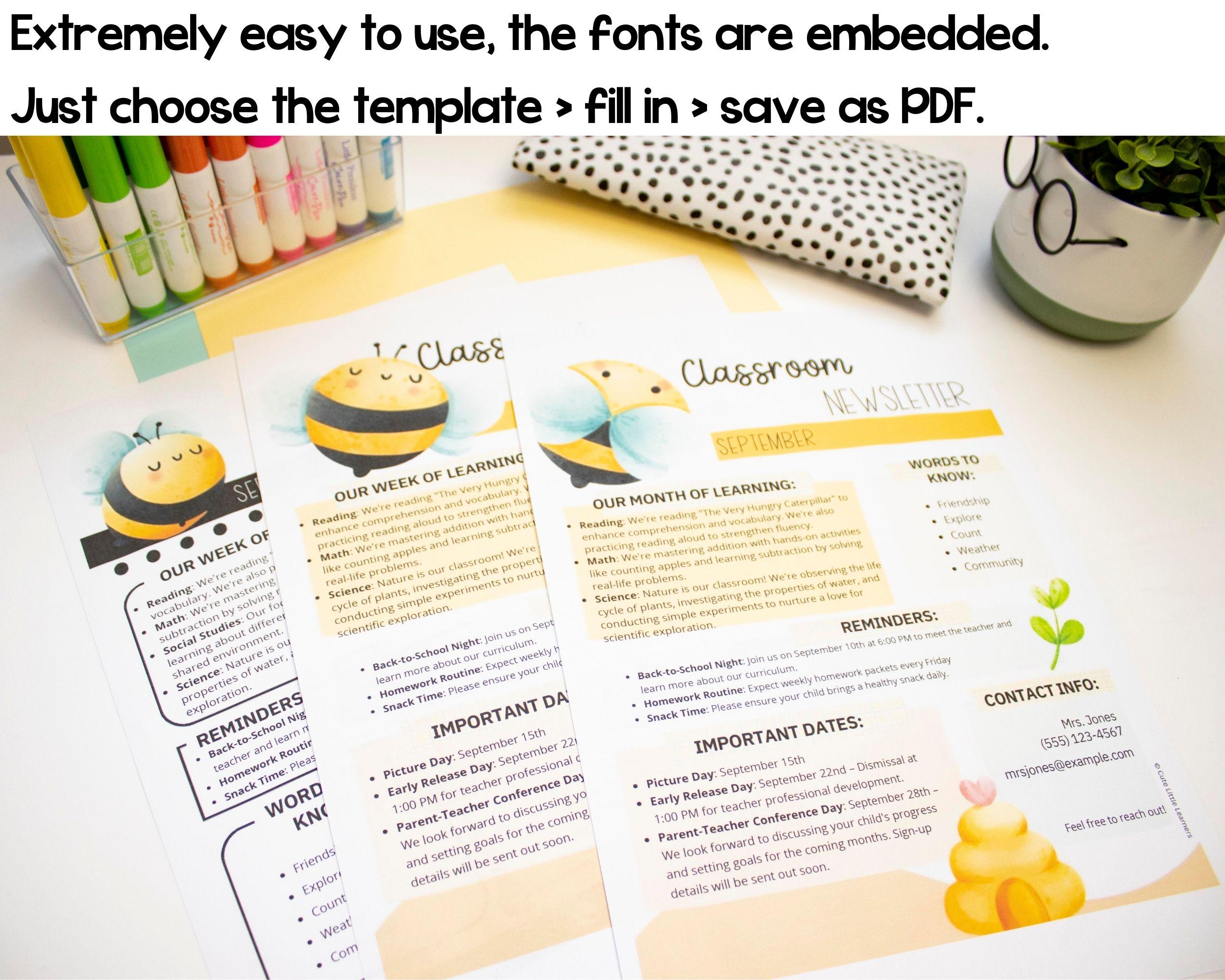 Busy Bees Classroom Newsletter Templates | Editable Weekly and Monthly ...