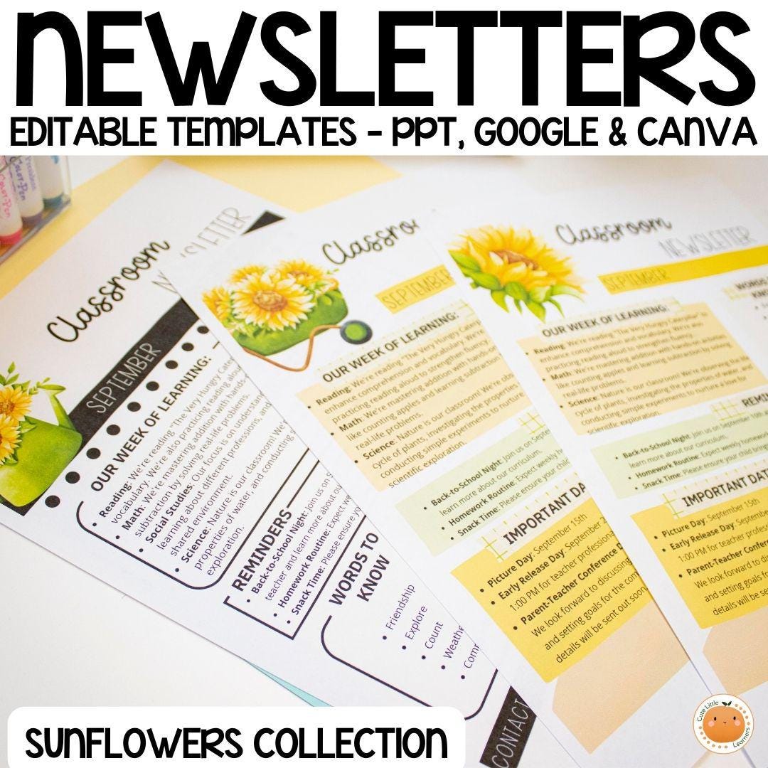 Editable Classroom Newsletter Templates Sunflowers Themed, Weekly ...