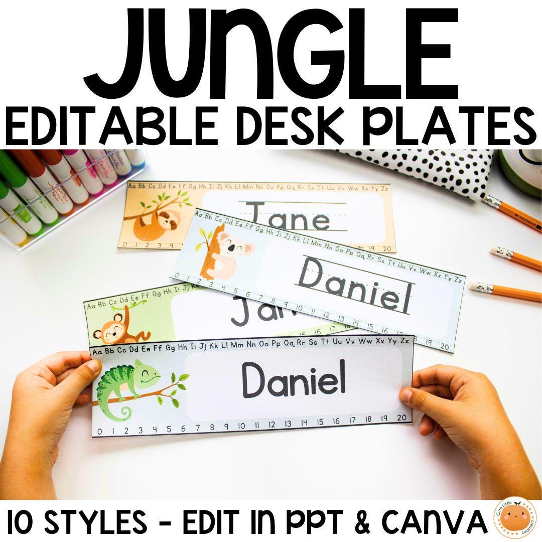 Editable Desk Name Tags With Letters and Numbers Jungle Safari Themed ...