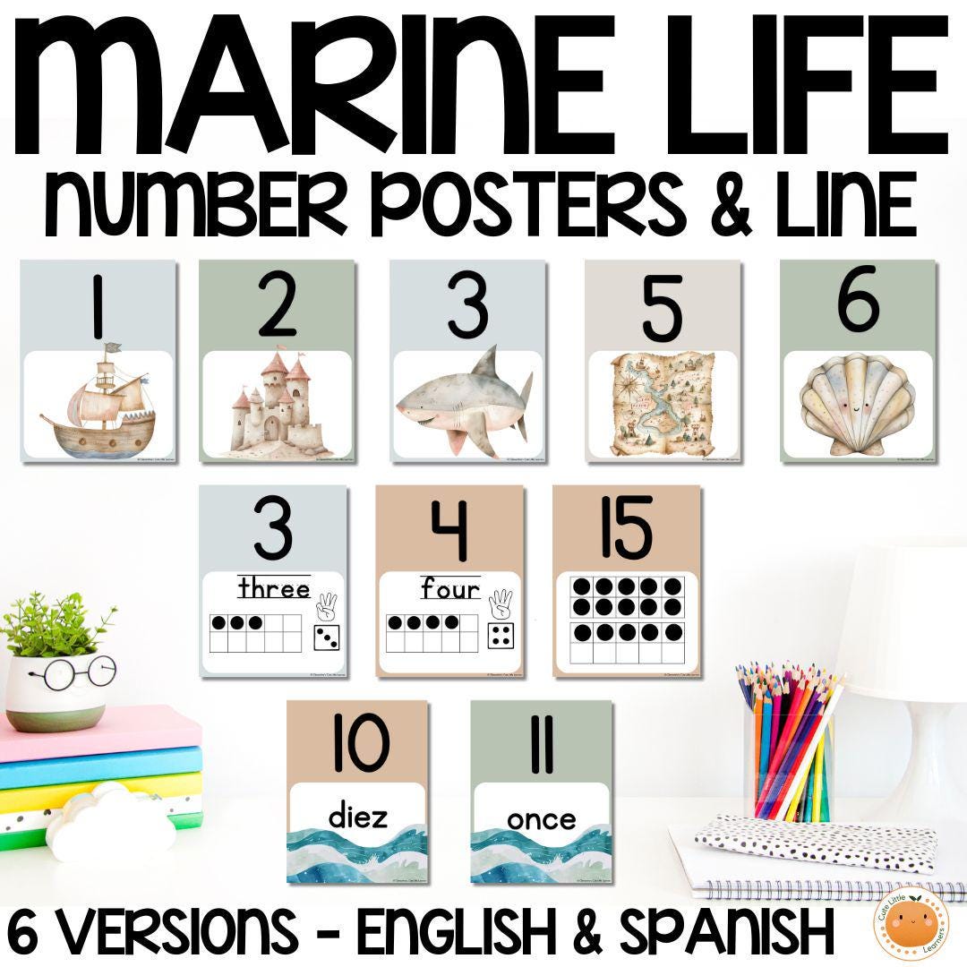 Marine Life Friends Themed Number Posters for Classroom Decor, Spanish ...
