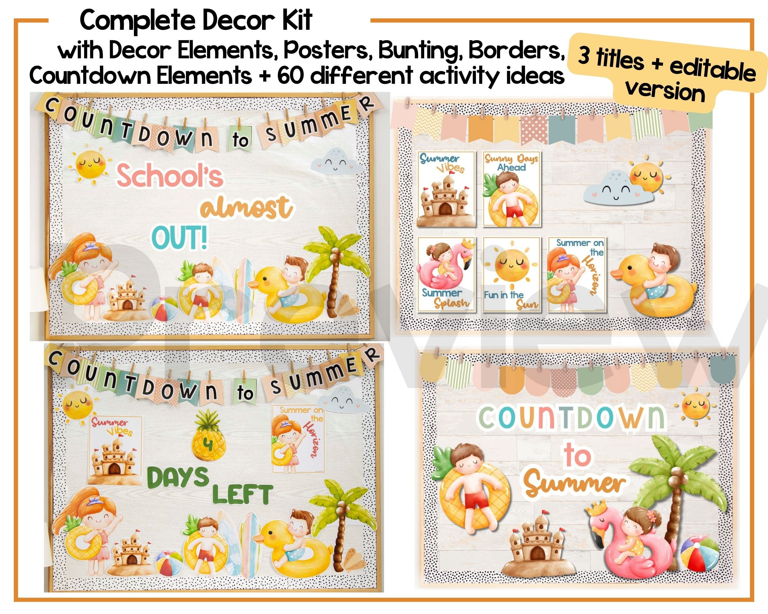 Countdown to Summer Classroom Decor Kit Summer Kids Watercolor Themed ...