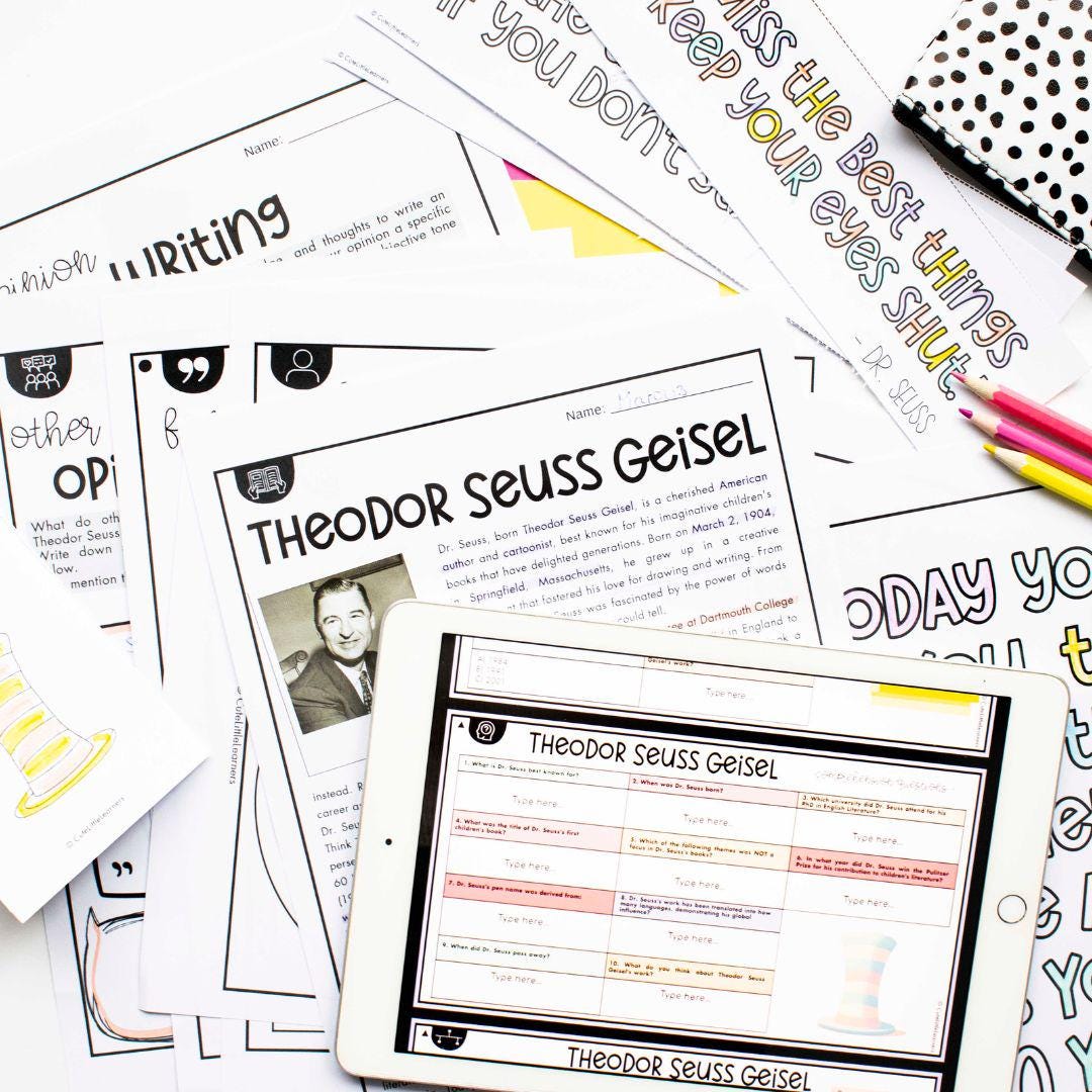 Dr. Seuss Biography Pack | Printable Reading Comprehension, Poster and ...