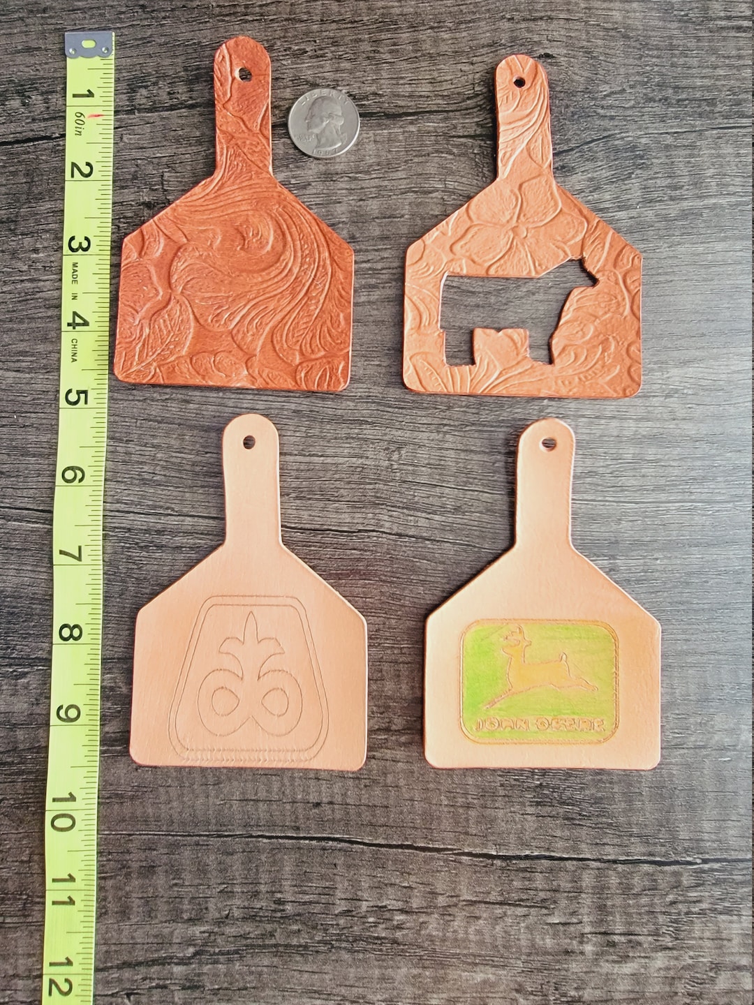 Leather Cowhide Ear Tag Cow Tags Key Chains Key Fob or Rear View Mirror ...