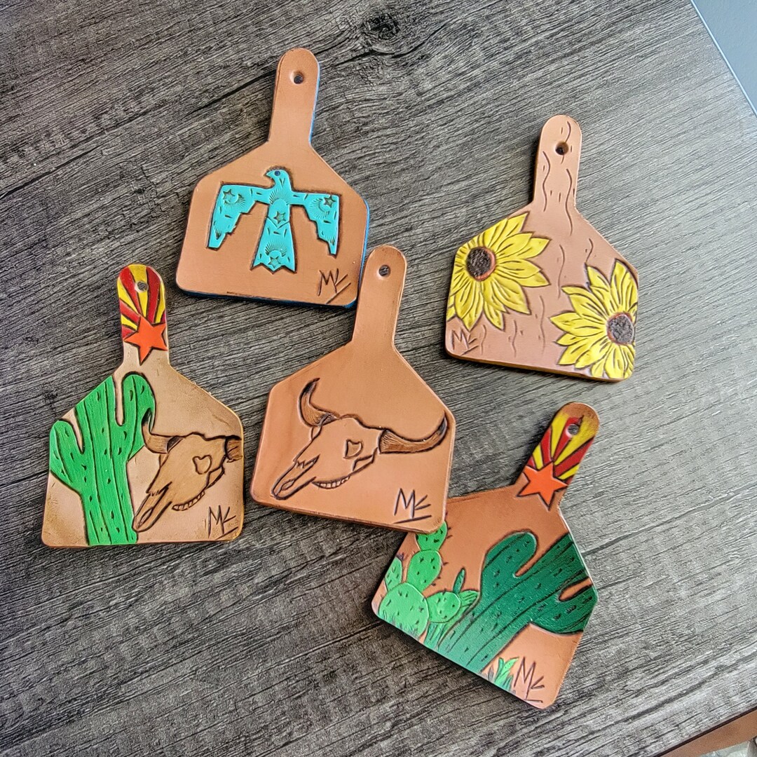 Leather Cow Ear Tag Cow Tags Key Chains Key Fob or Rear View Mirror ...