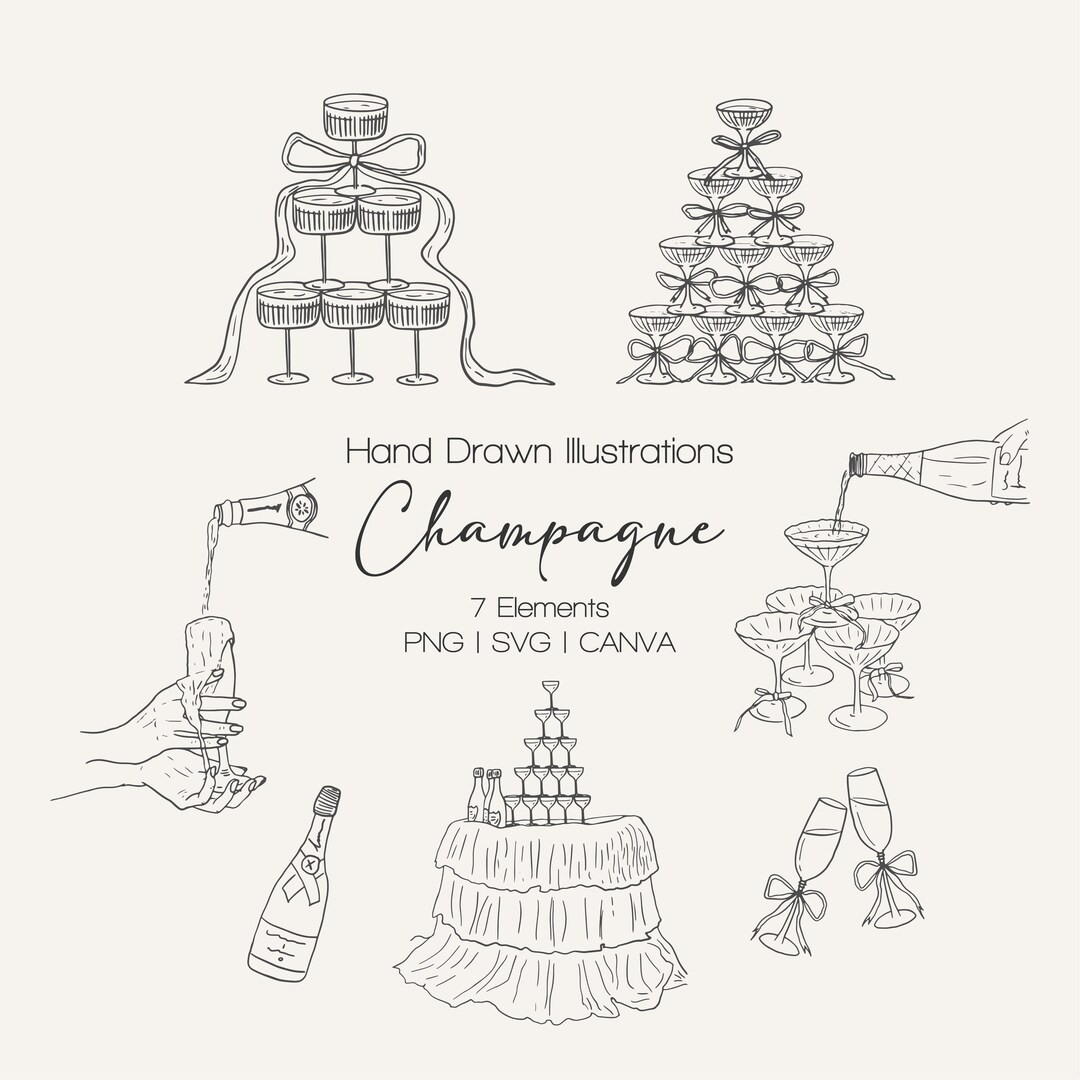 Hand Drawn Champagne Illustration Set Whimsical Doodle Clipart SVG, PNG ...