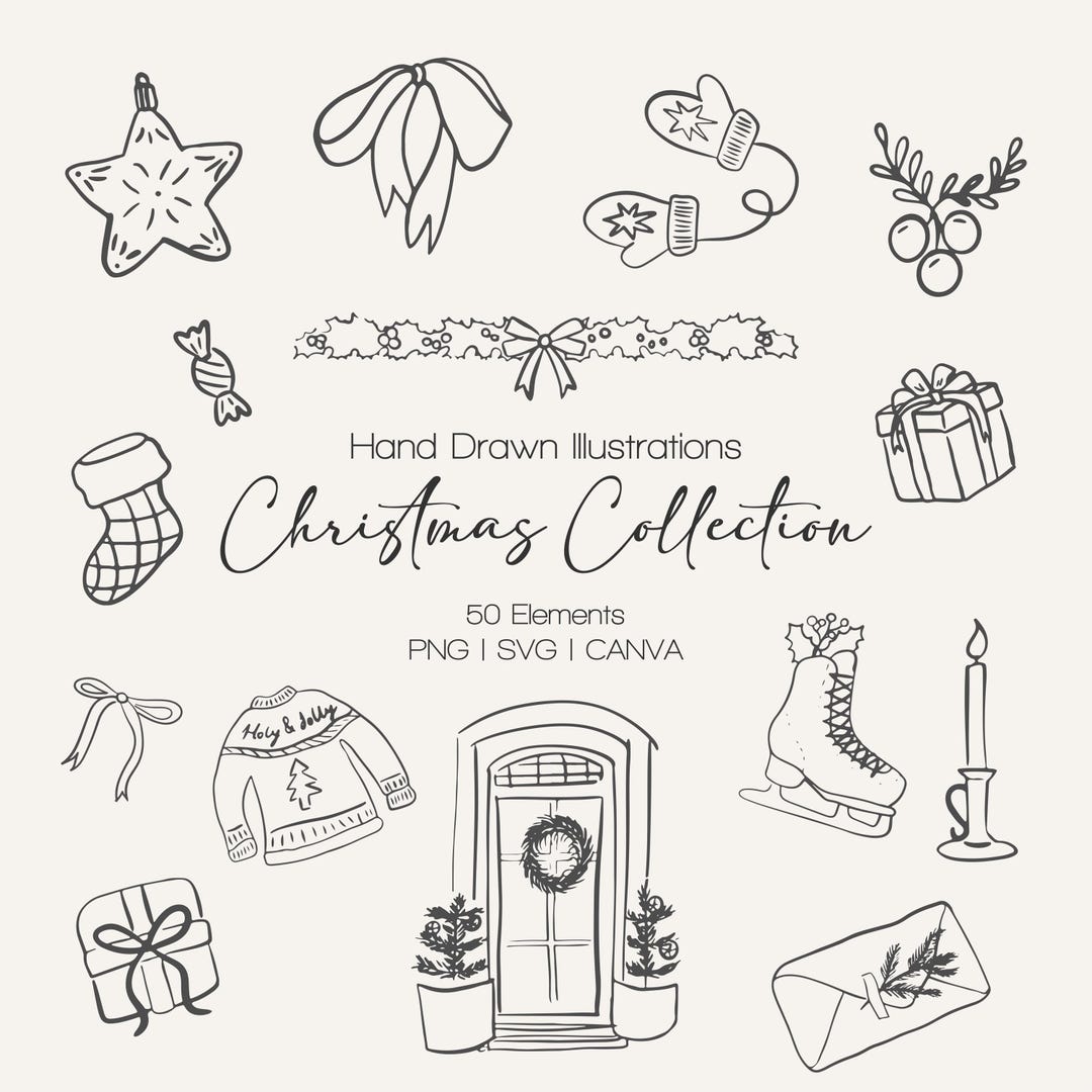 Hand Drawn Christmas Clipart Bundle: SVG, PNG, Canva (instant Download ...