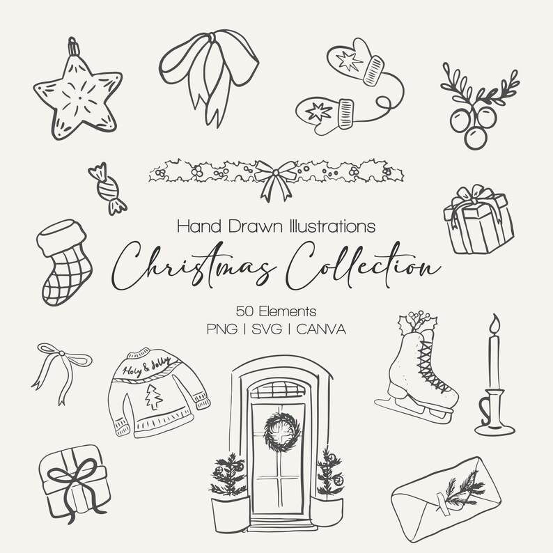 Hand Drawn Christmas Illustration Set | Holiday New Year Clipart | SVG ...