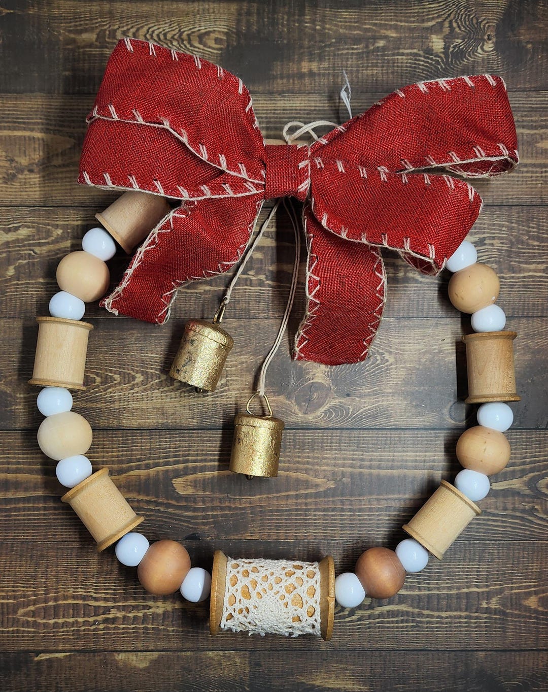 9" Rustic Vintage Spool and Bead Wreath With Bells and Holiday Bow ...