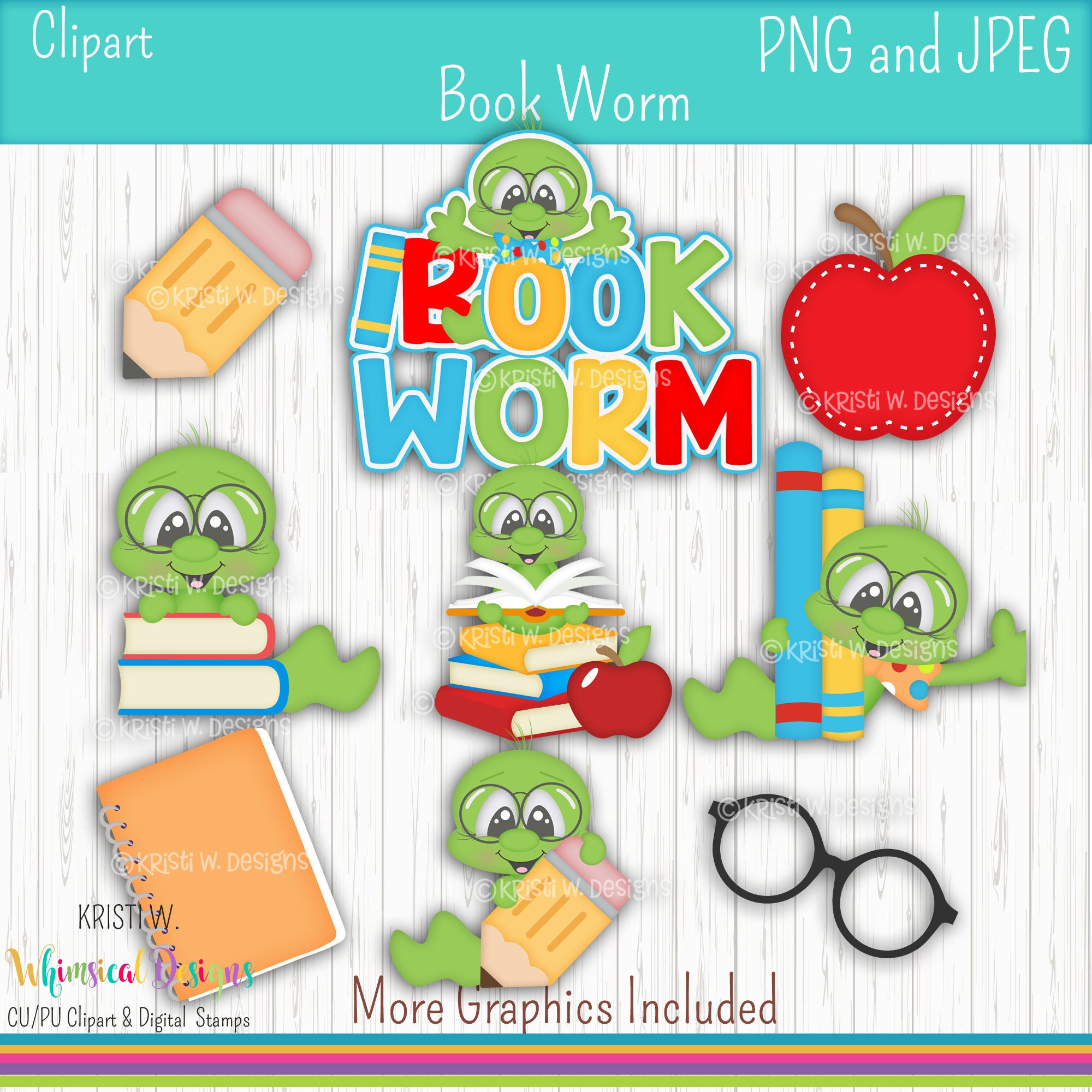 Book Worm Clipart Commercial Use Clipart PNG JPEG Graphics - Etsy
