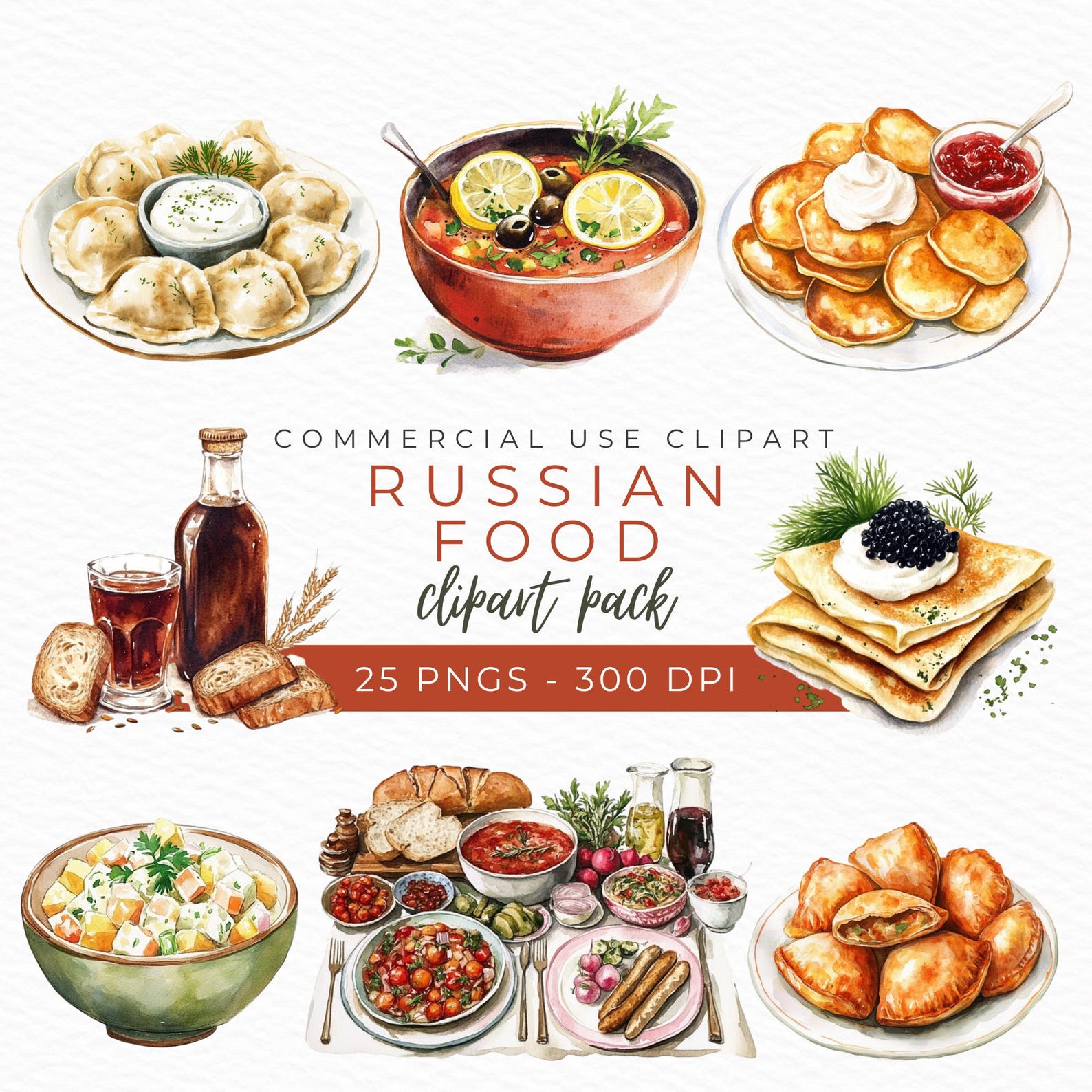 Russian Food Clipart, Traditional Cuisine Art, Watercolor Food Graphics ...