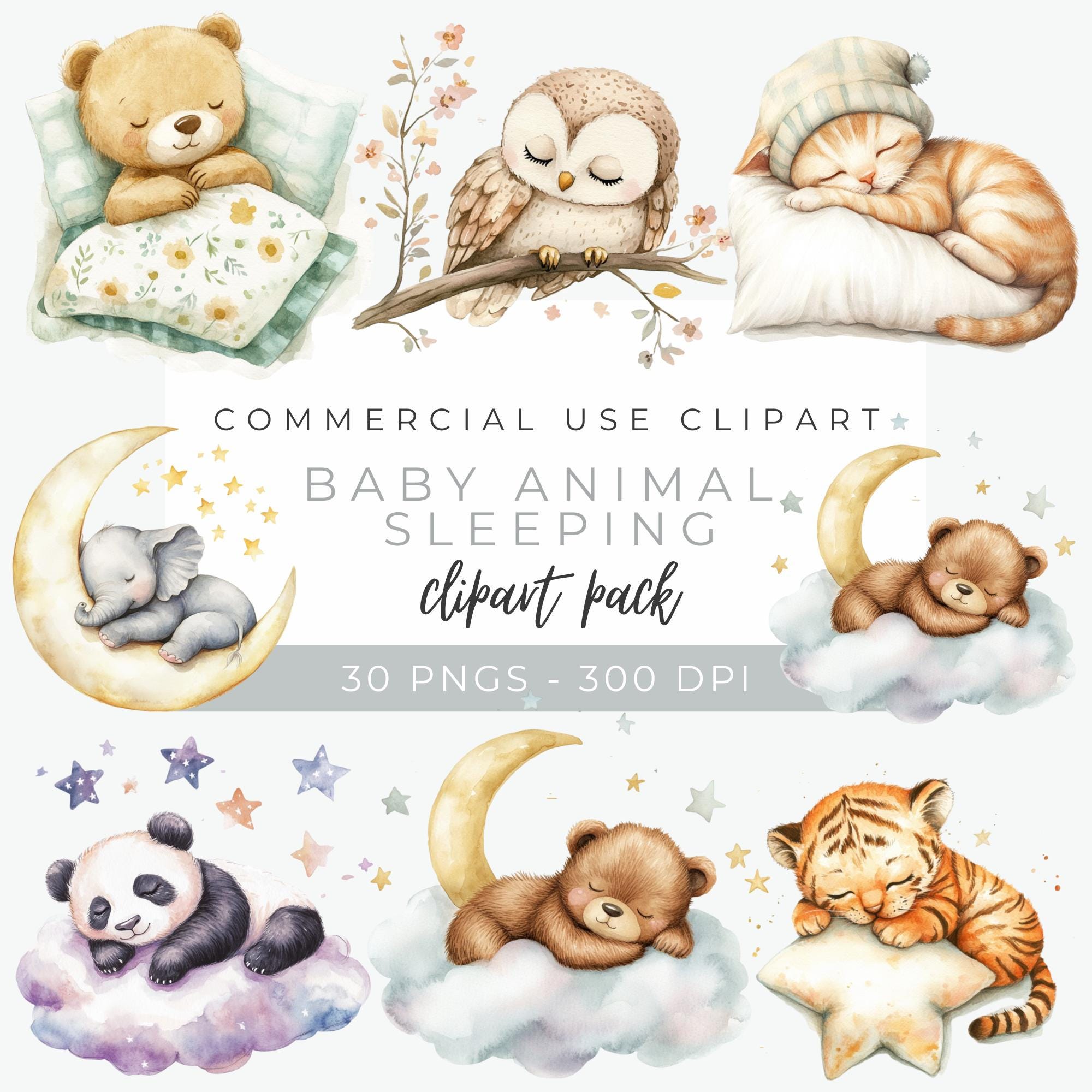 Sleeping Baby Animal Clipart, Cute Watercolor Animals for Nursery Wall ...