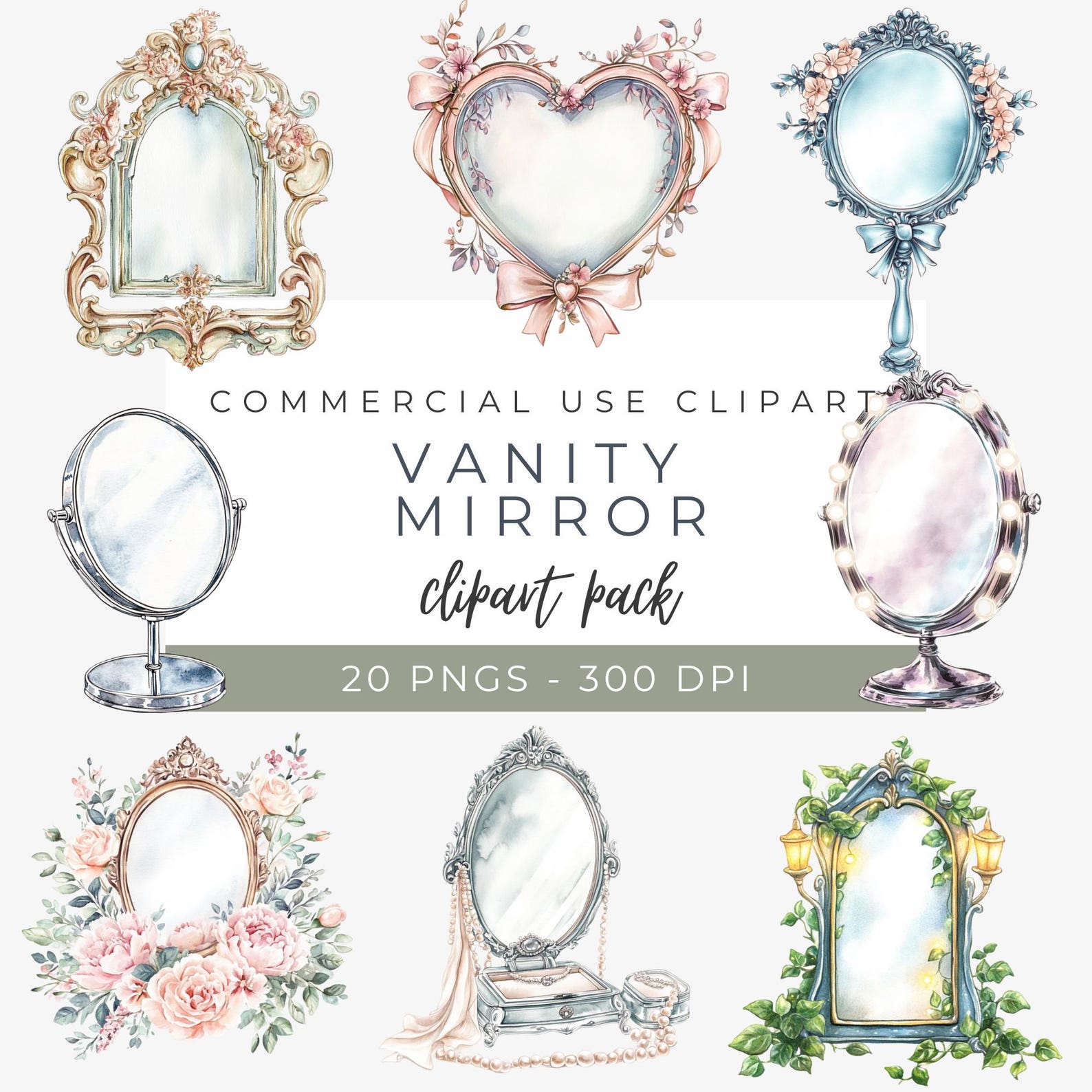 Vanity Mirror Clipart Watercolor Digital Art Bundle Ideal for Junk ...