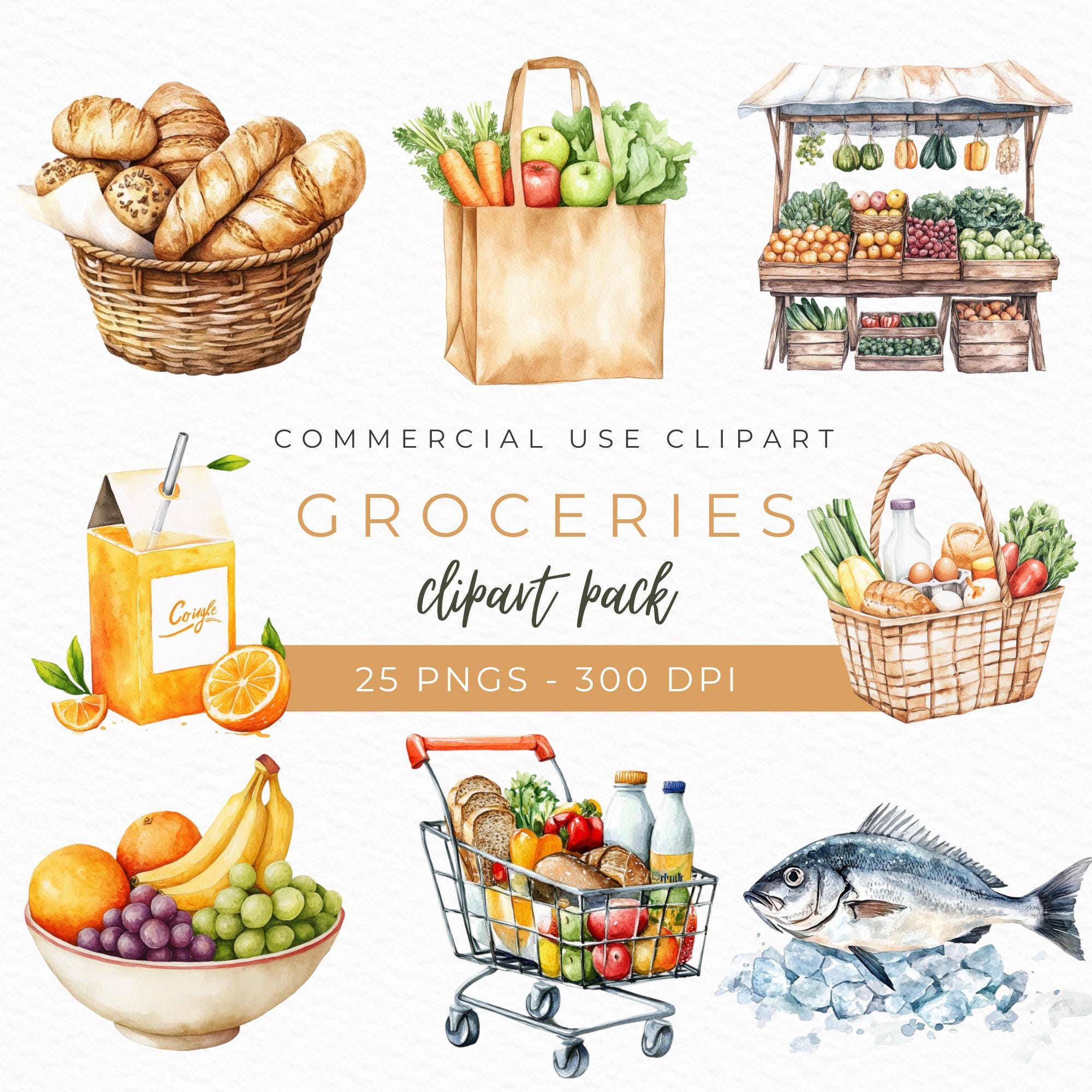 Groceries Clipart, Shopping Bag PNG, Market Graphics, Bread and ...