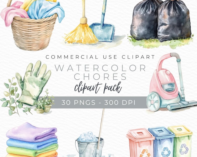 Housekeeping Clipart Bundle, PNG Graphic Digital Download Watercolor ...