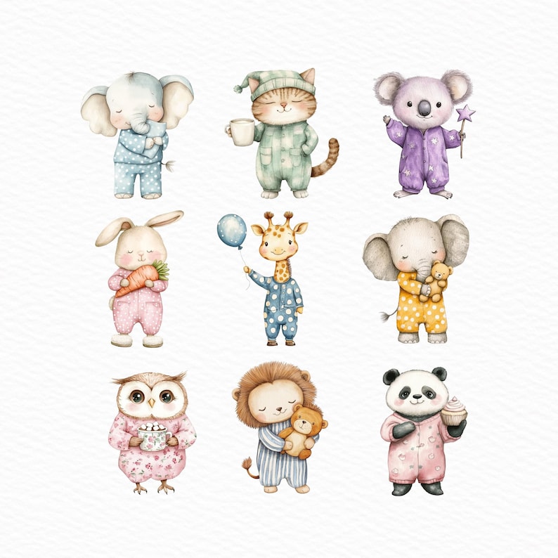 Animals Wearing Pajamas Clipart, Cute Nursery Art, Woodland Animals ...