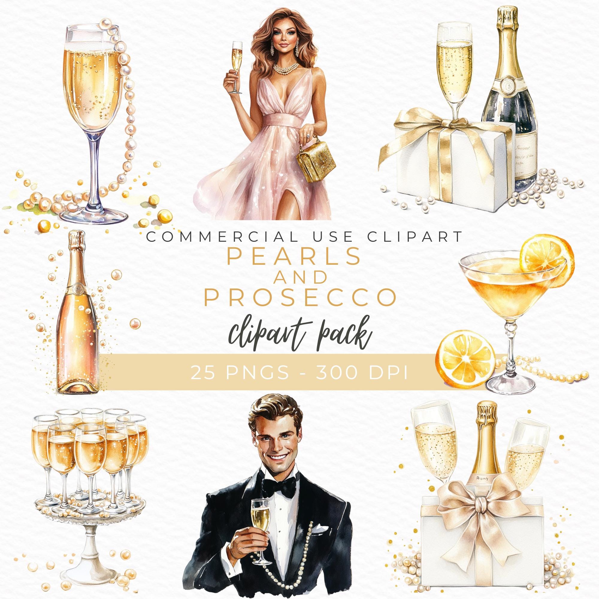 Pearls Prosecco Clipart, Watercolor Champagne Art, Bridal Shower ...