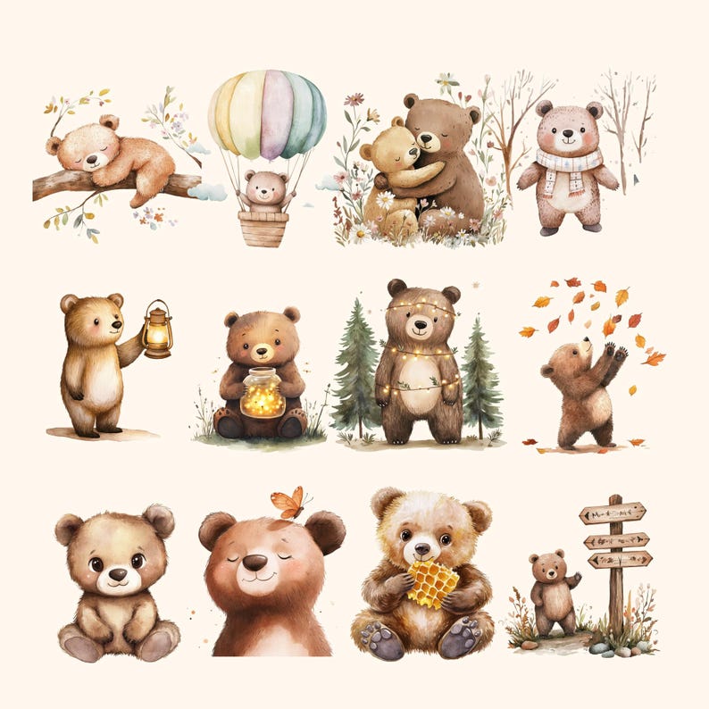 Watercolor Bear Clipart Pack, Cute Woodland Animal Illustrations ...