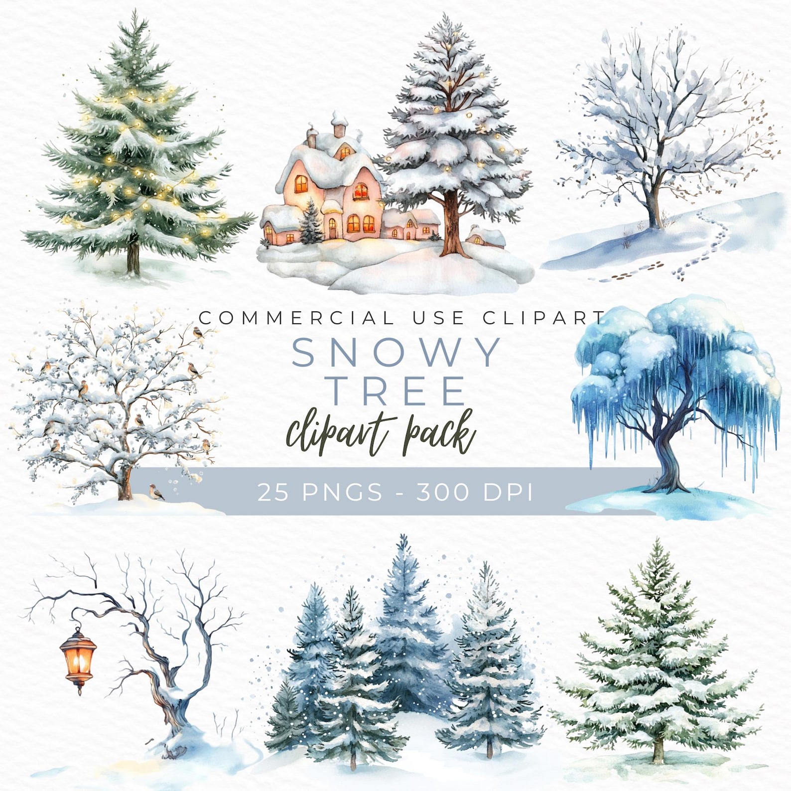 Snowy Tree Clipart, Winter Forest PNG, Rustic Tree Illustration, Pine ...