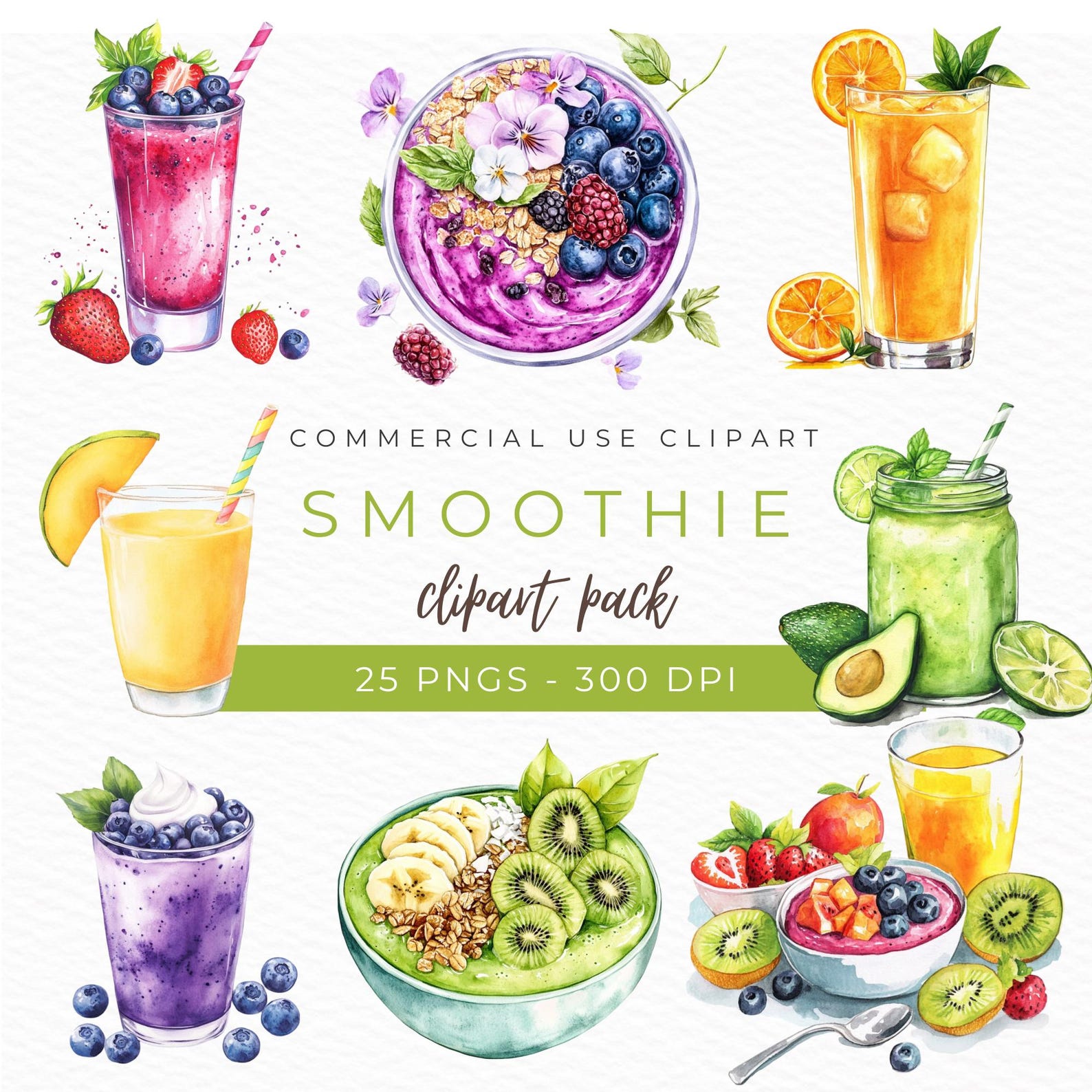Smoothie Clipart, Watercolor PNG, Strawberry Smoothie Art, Mango Drink ...