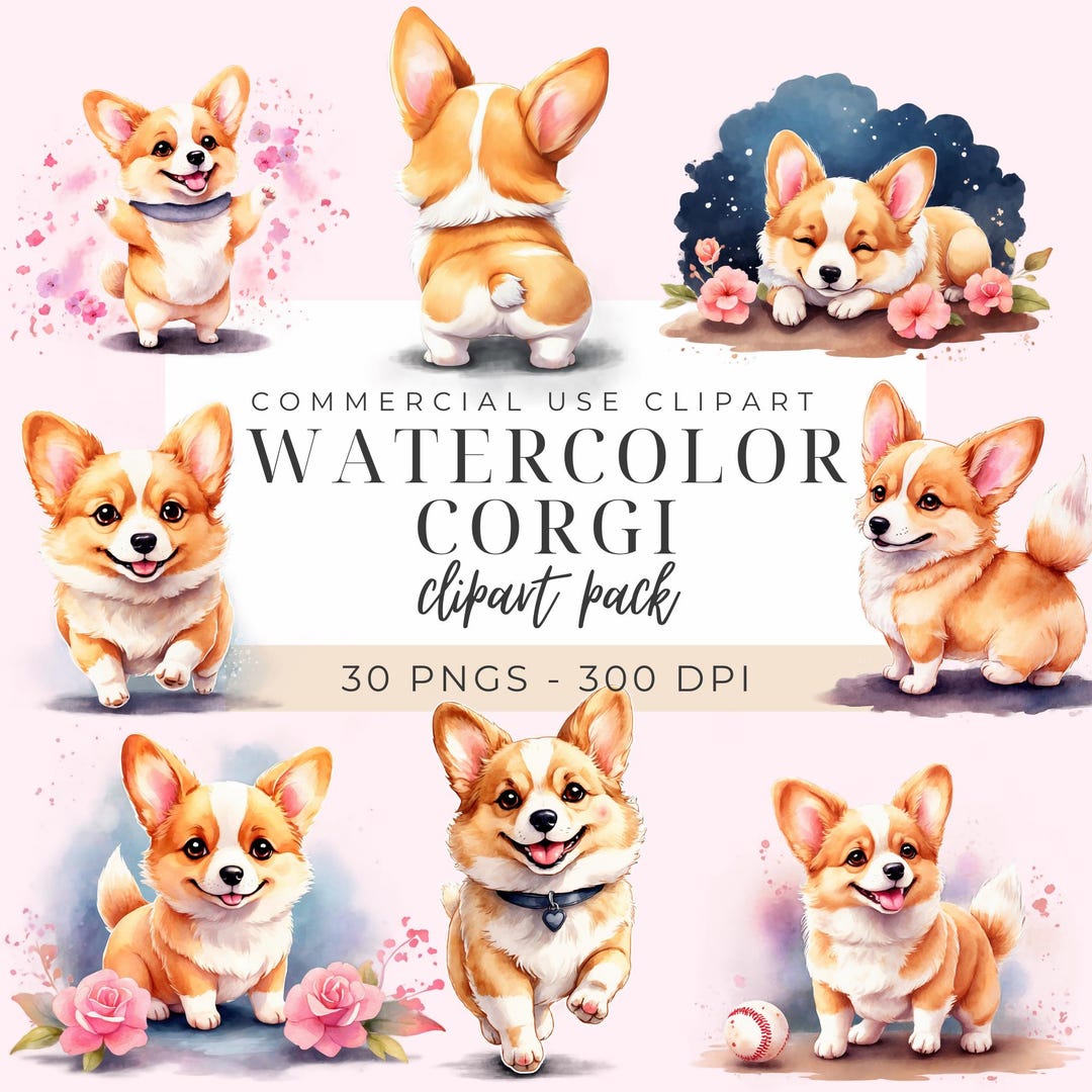 Watercolor Kawaii Corgi Clipart Set Cute Corgi Butt Funny Dogs Digital ...
