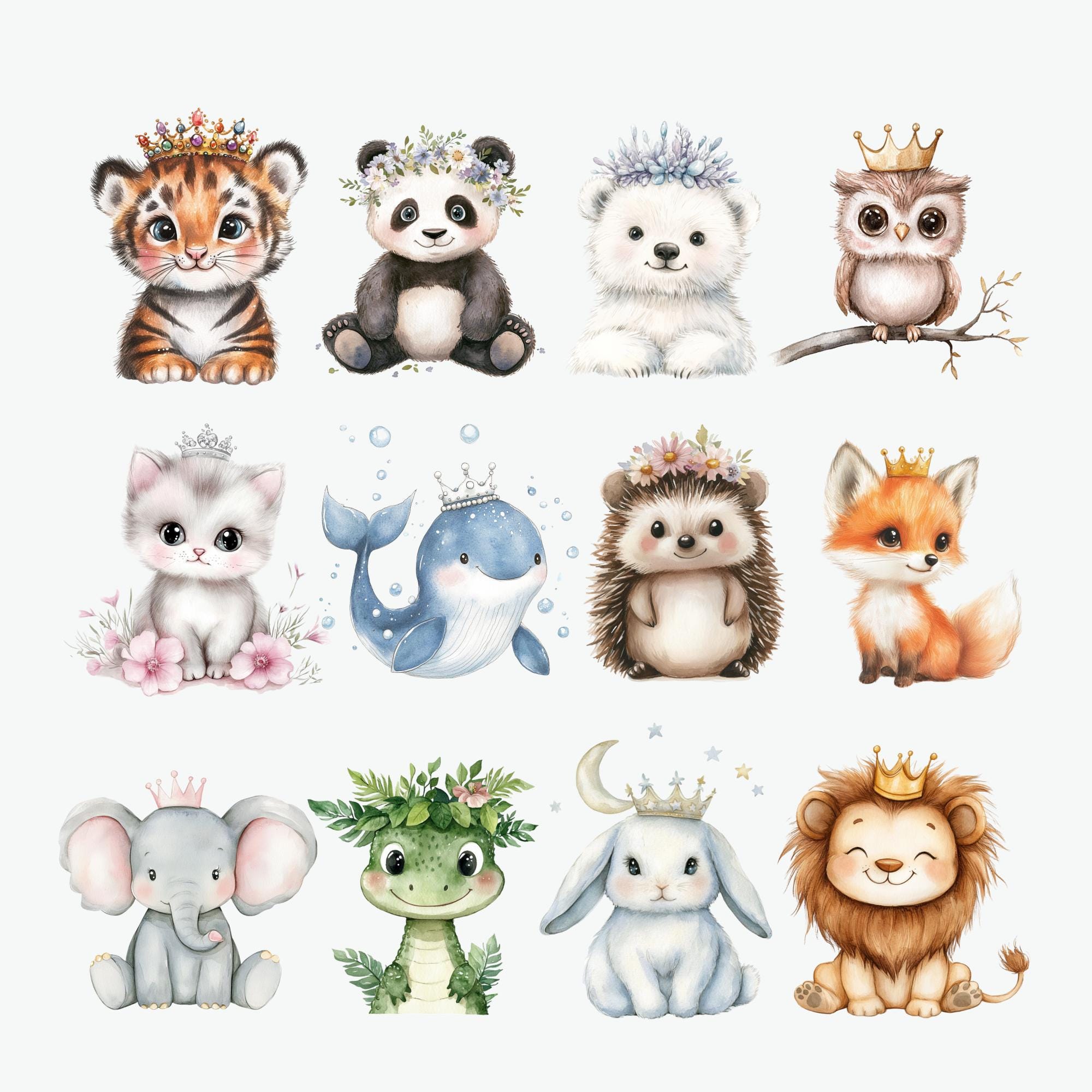 Baby Animal With Crown Clipart, Watercolor Animal Clipart for Nursery ...