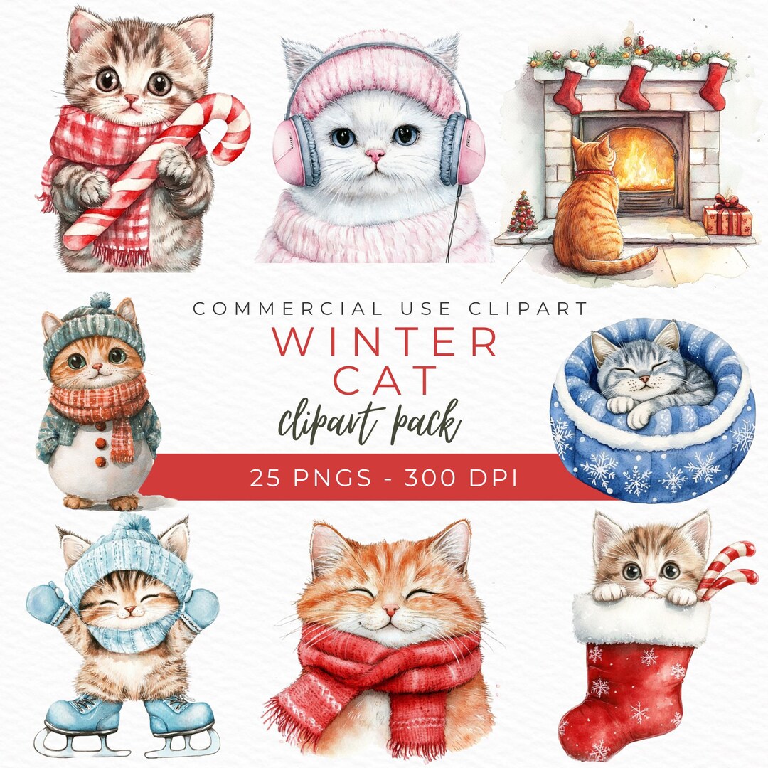 Winter Cat Clipart, Christmas Kitten PNG, Holiday Cat Art, Cozy Season ...