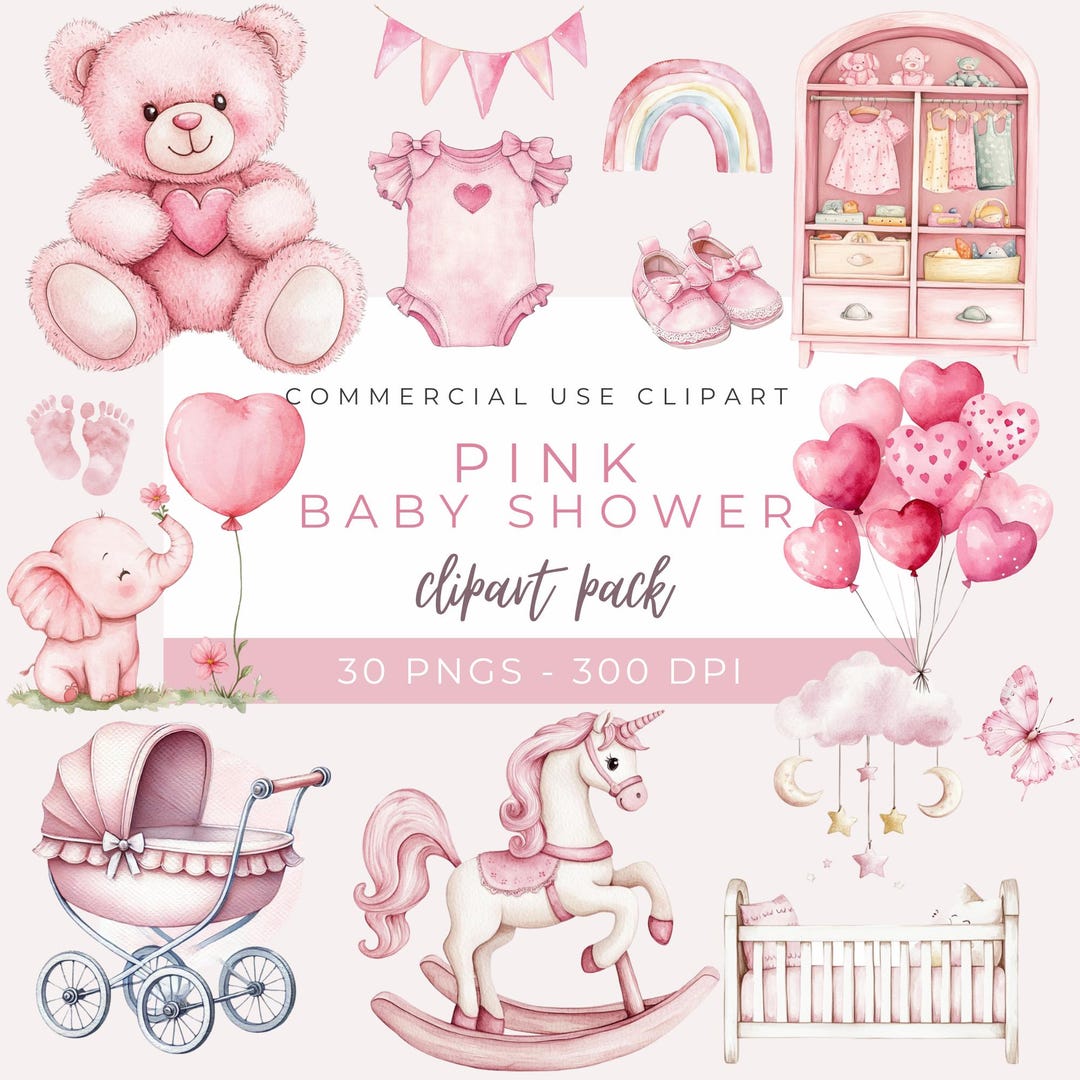 Pink Watercolor Baby Shower Clipart - Cute Bunny and Teddy Bear Designs ...