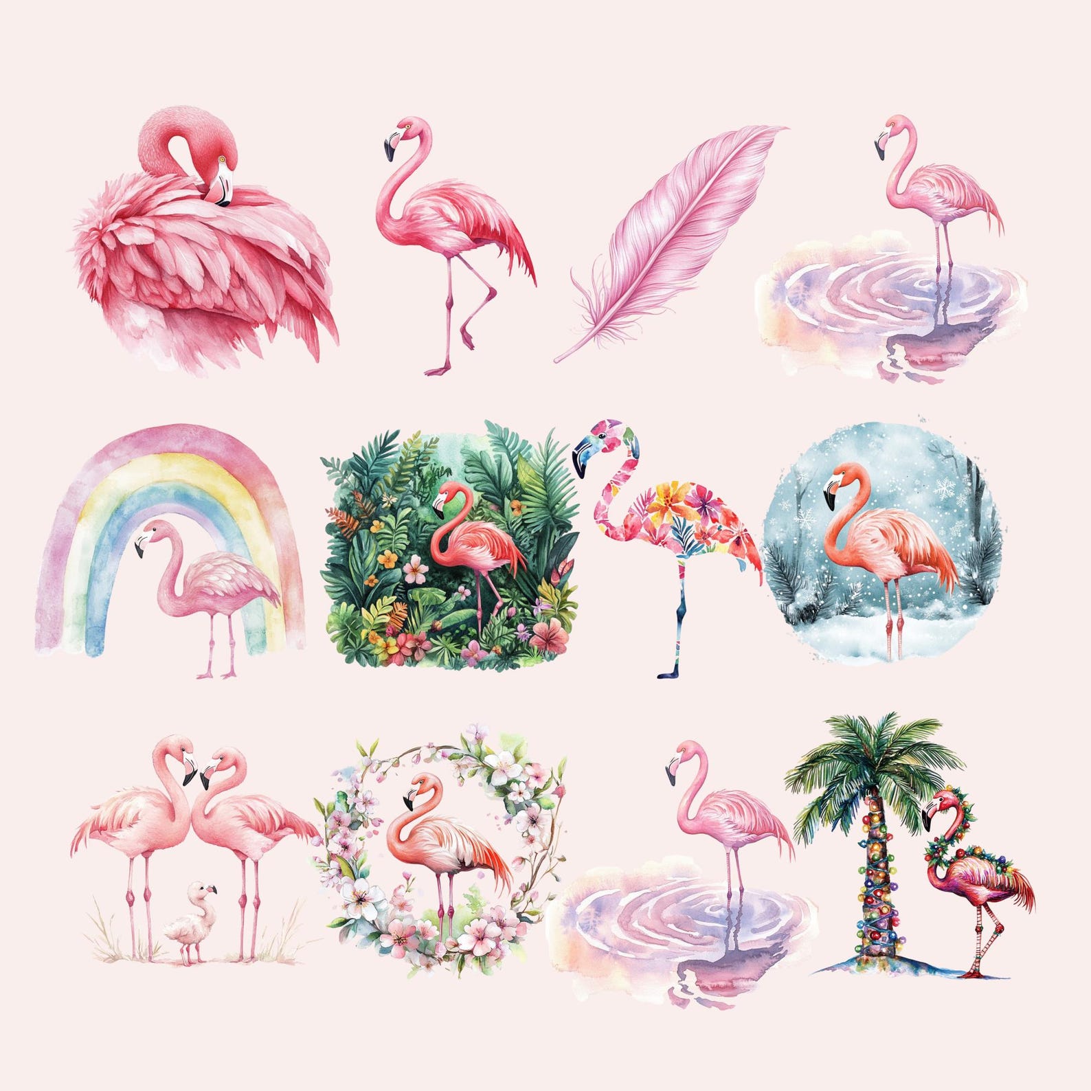 Flamingo Clipart Set, Cute Tropical Flamingo Illustrations, Watercolor ...