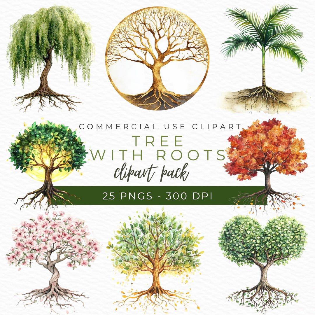 Watercolor Tree With Roots Clipart, Rustic Tree Art, Family Tree ...