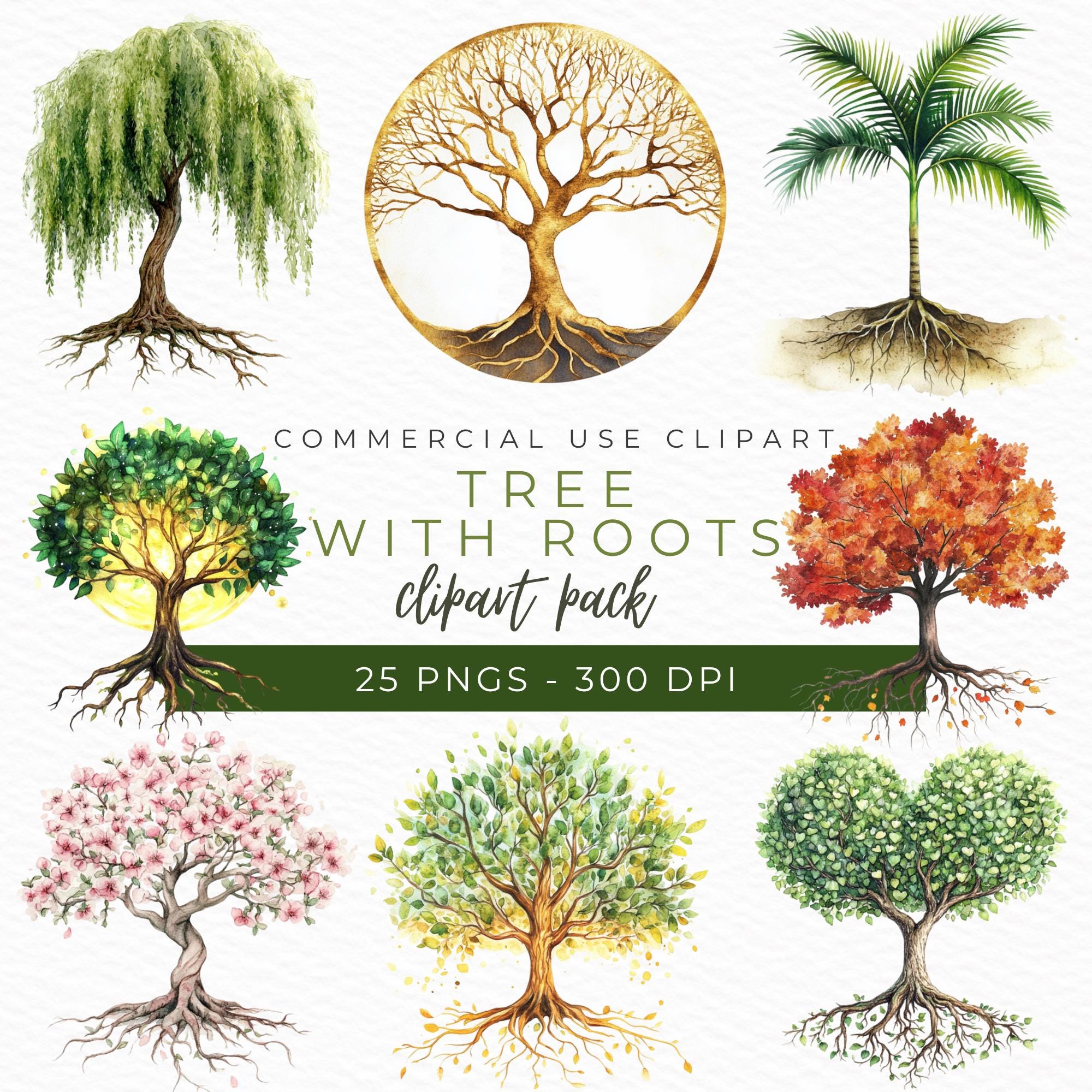 Watercolor Tree With Roots Clipart, Rustic Tree Art, Family Tree ...