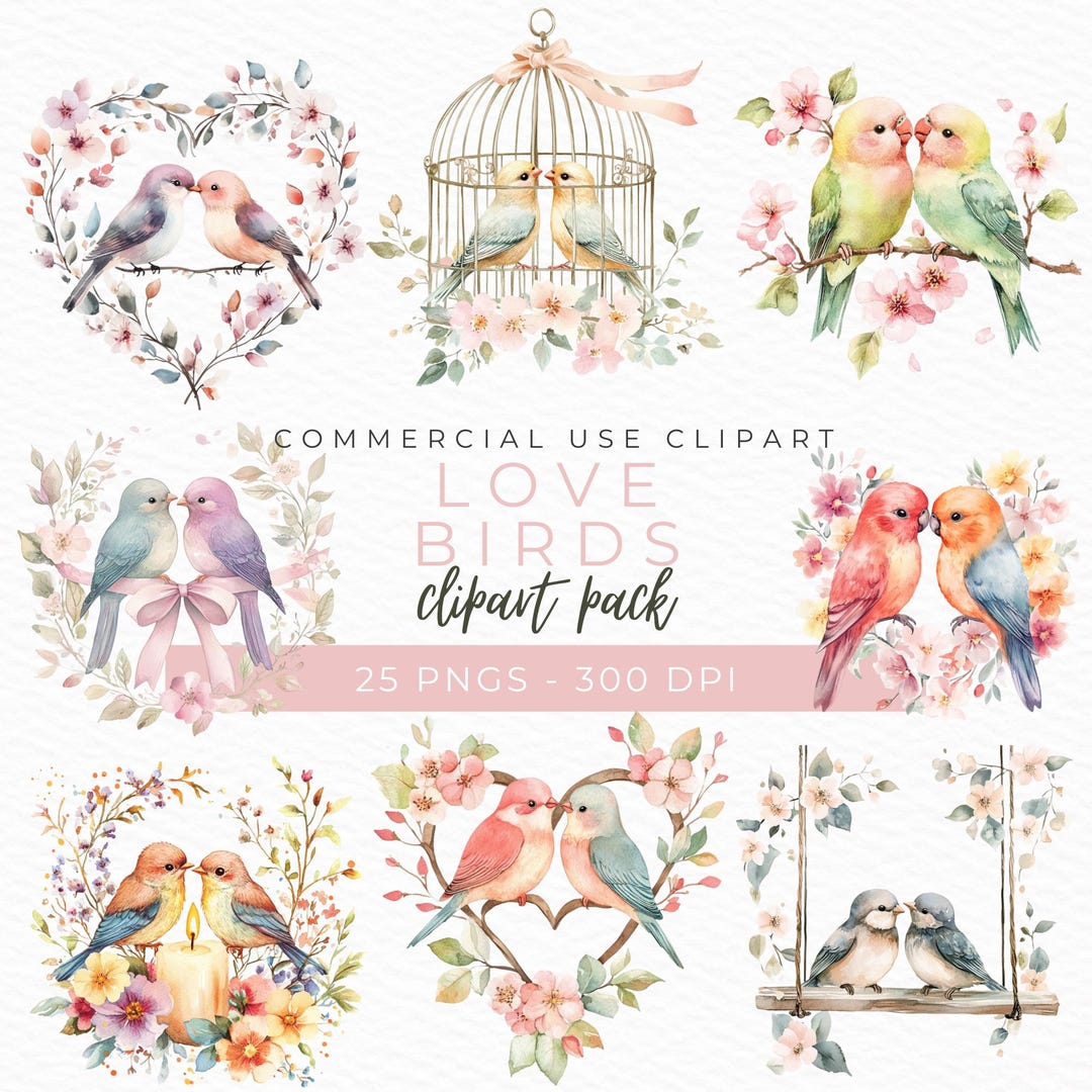 Watercolor Lovebirds Clipart, Romantic Birds PNG, Tropical Birds Art ...