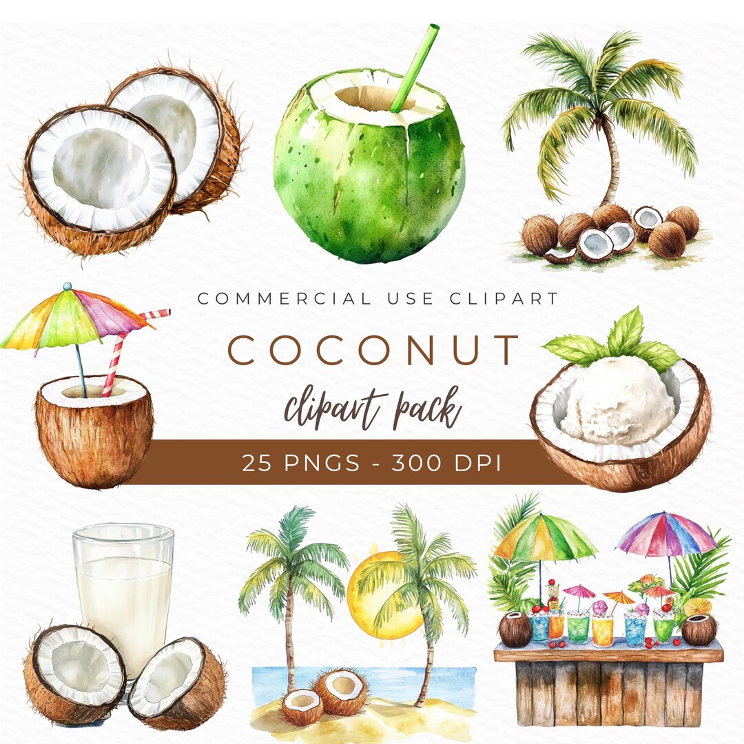 Coconut Clipart, Watercolor PNG, Tropical Tree Illustration, Coconut ...