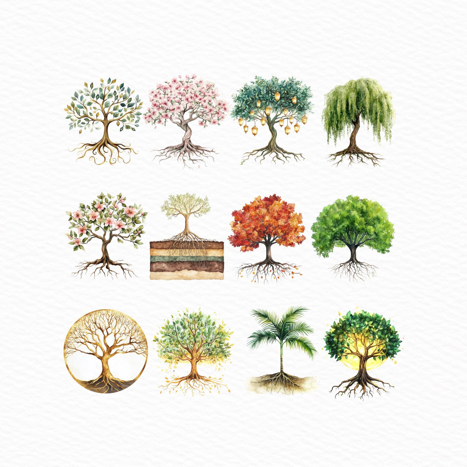 Watercolor Tree With Roots Clipart, Rustic Tree Art, Family Tree ...