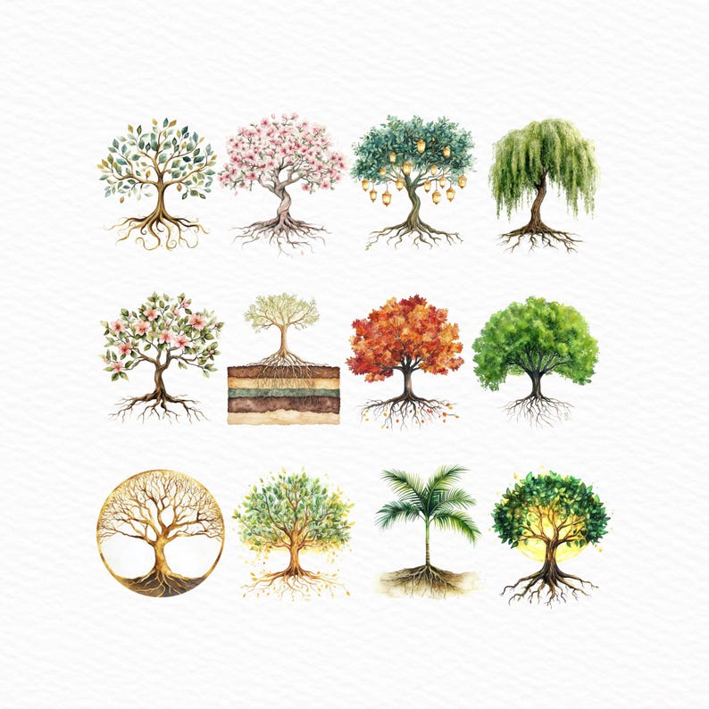 Watercolor Tree With Roots Clipart, Rustic Tree Art, Family Tree ...