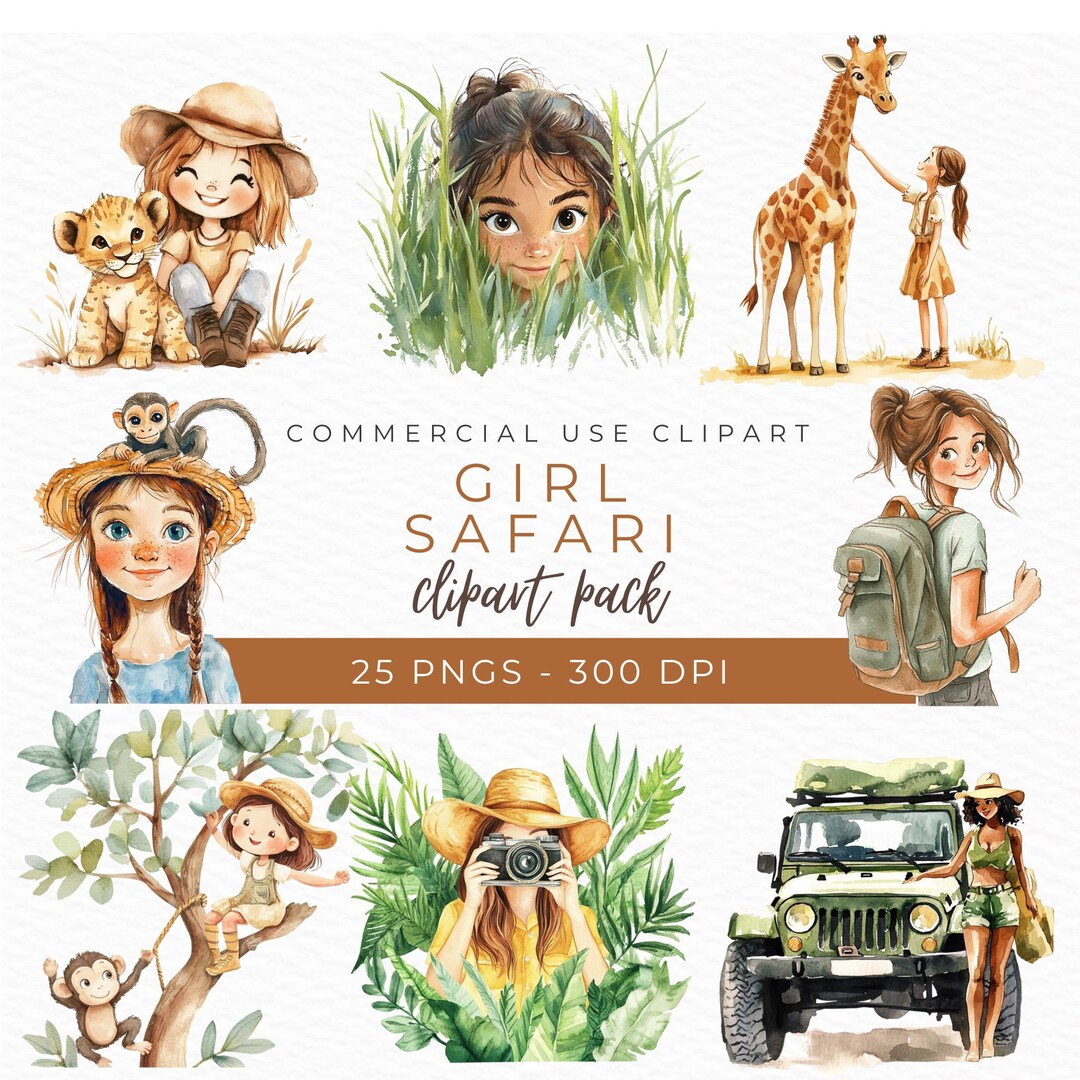 Girl Safari Clipart,watercolor PNG, Baby Safari Illustration, Cute ...