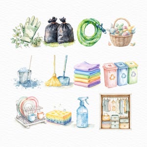 Watercolor Chores Clipart, Cleaning Supplies Art, Laundry Illustration ...