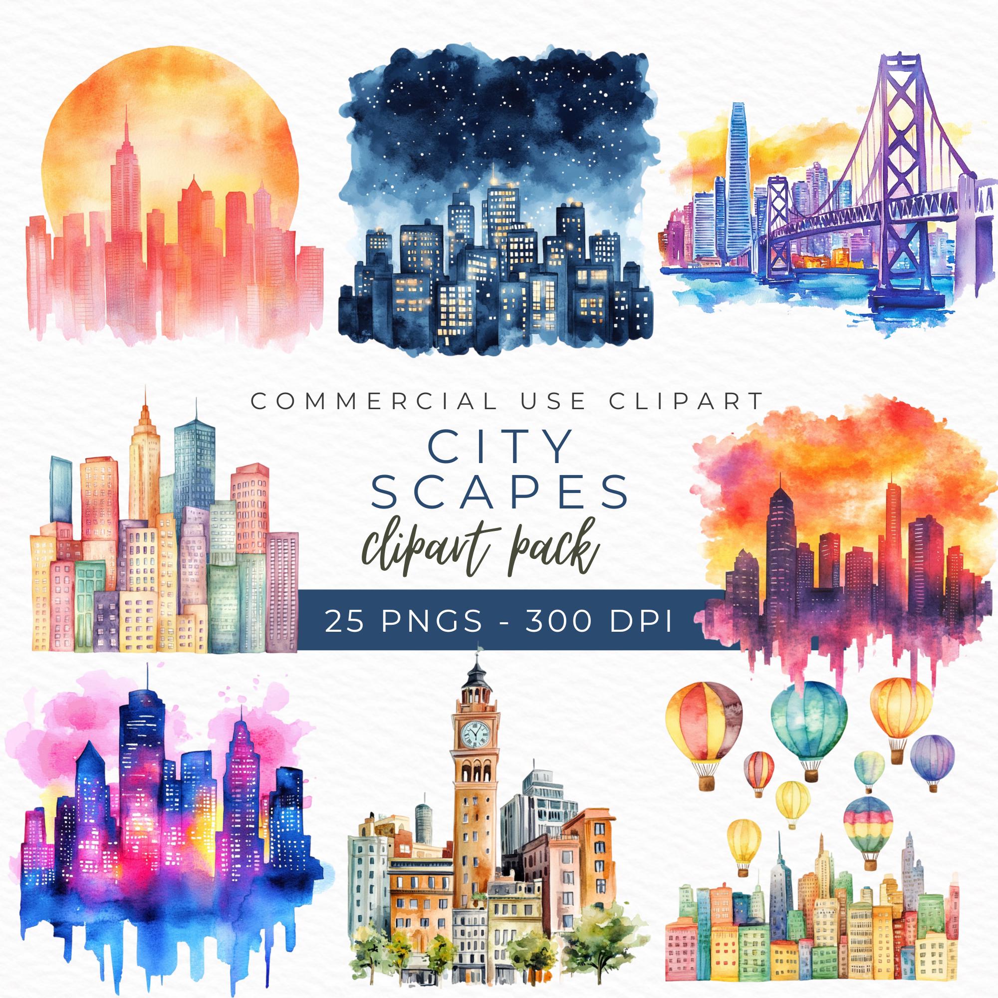 City Scapes Clipart, Skyline PNG, Watercolor Cityscape Art, Urban ...
