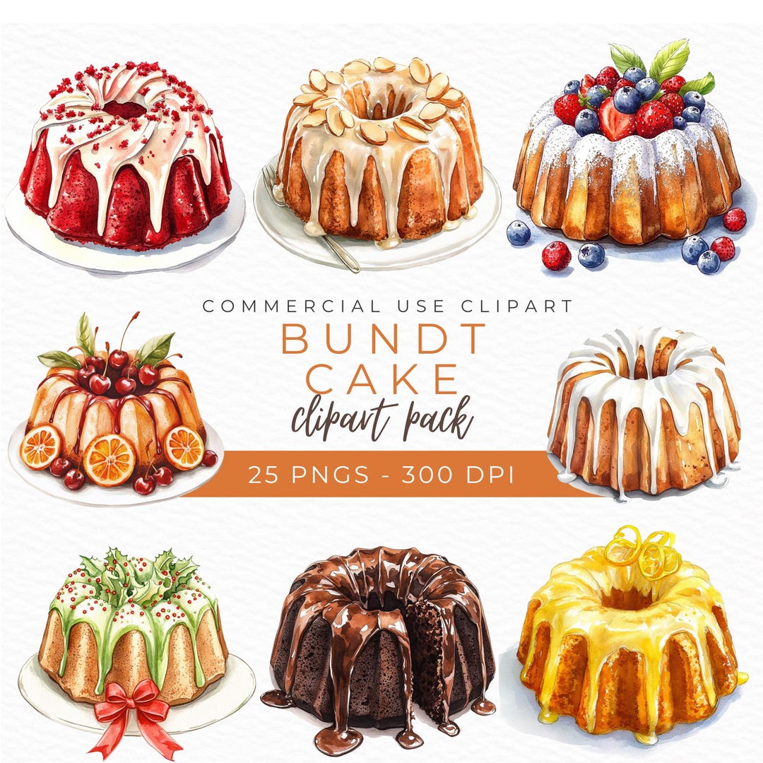 Bundt Cake Clipart, Watercolor PNG, Vintage Baking Art, Sweet Dessert ...