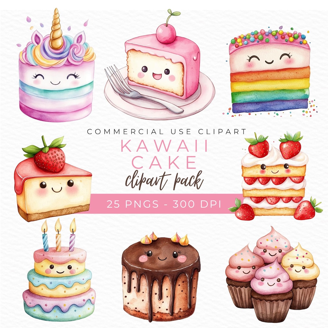 Kawaii Cake Clipart, Watercolor PNG, Cute Dessert Illustration, Sweet ...