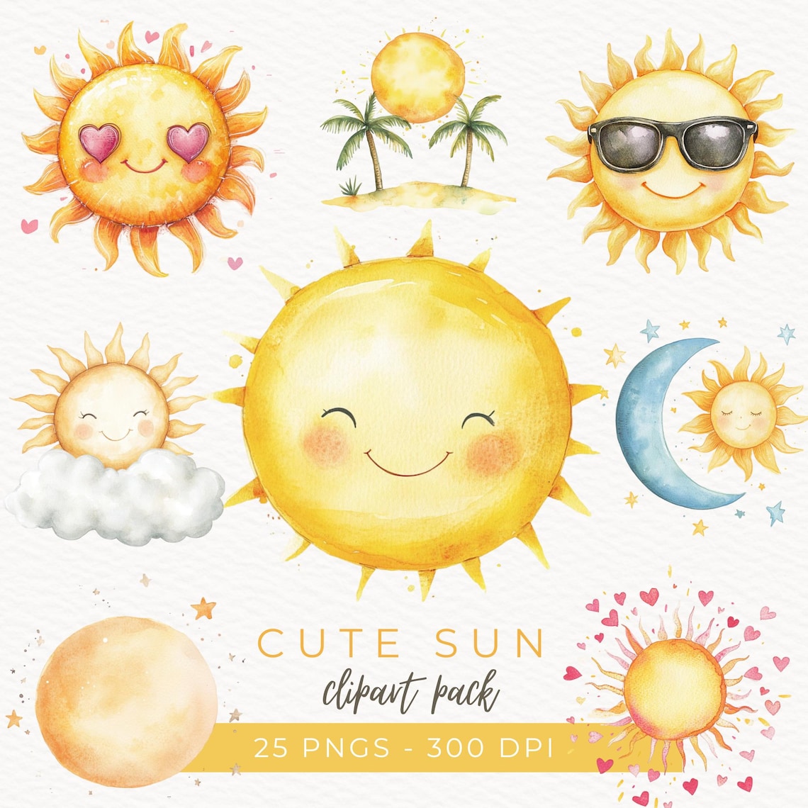 Cute Sun Clipart, Sun PNG, Watercolor Sunshine Art, Boho Sun ...