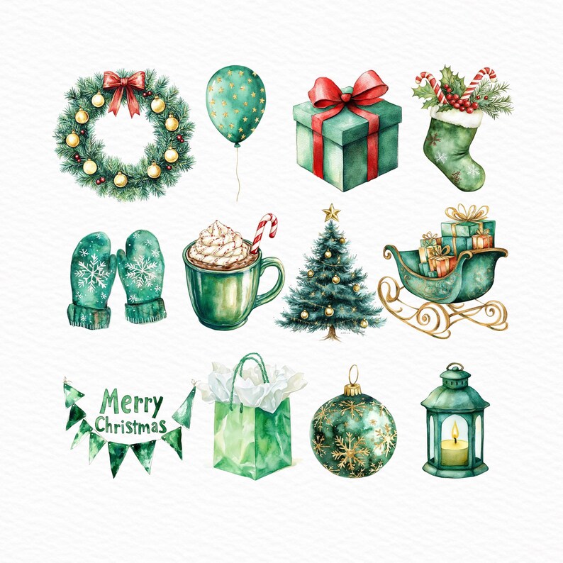 Emerald Green Christmas Clipart, Watercolor Holiday Art, Festive ...